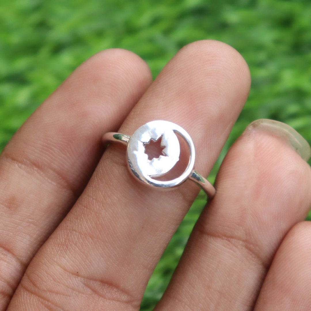 Polar Star Moon Ring, Half Moon Star Ring, Crescent Moon Silver Ring ...