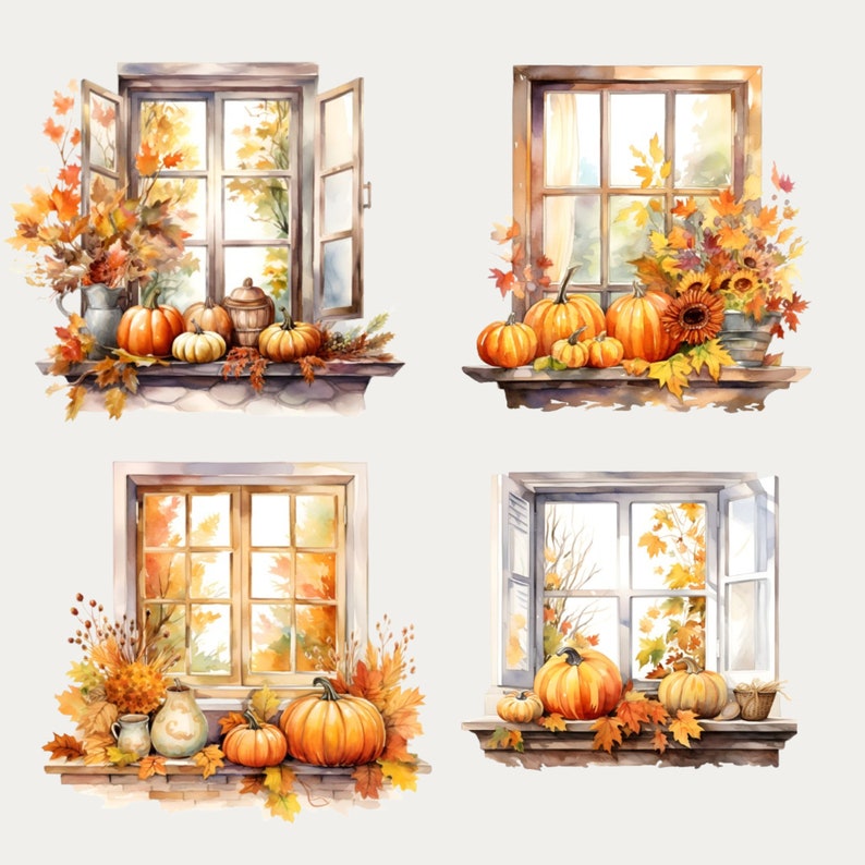 Autumn Fall Window Scene Clipart Set, Cozy Autumn Fall Farmhouse ...