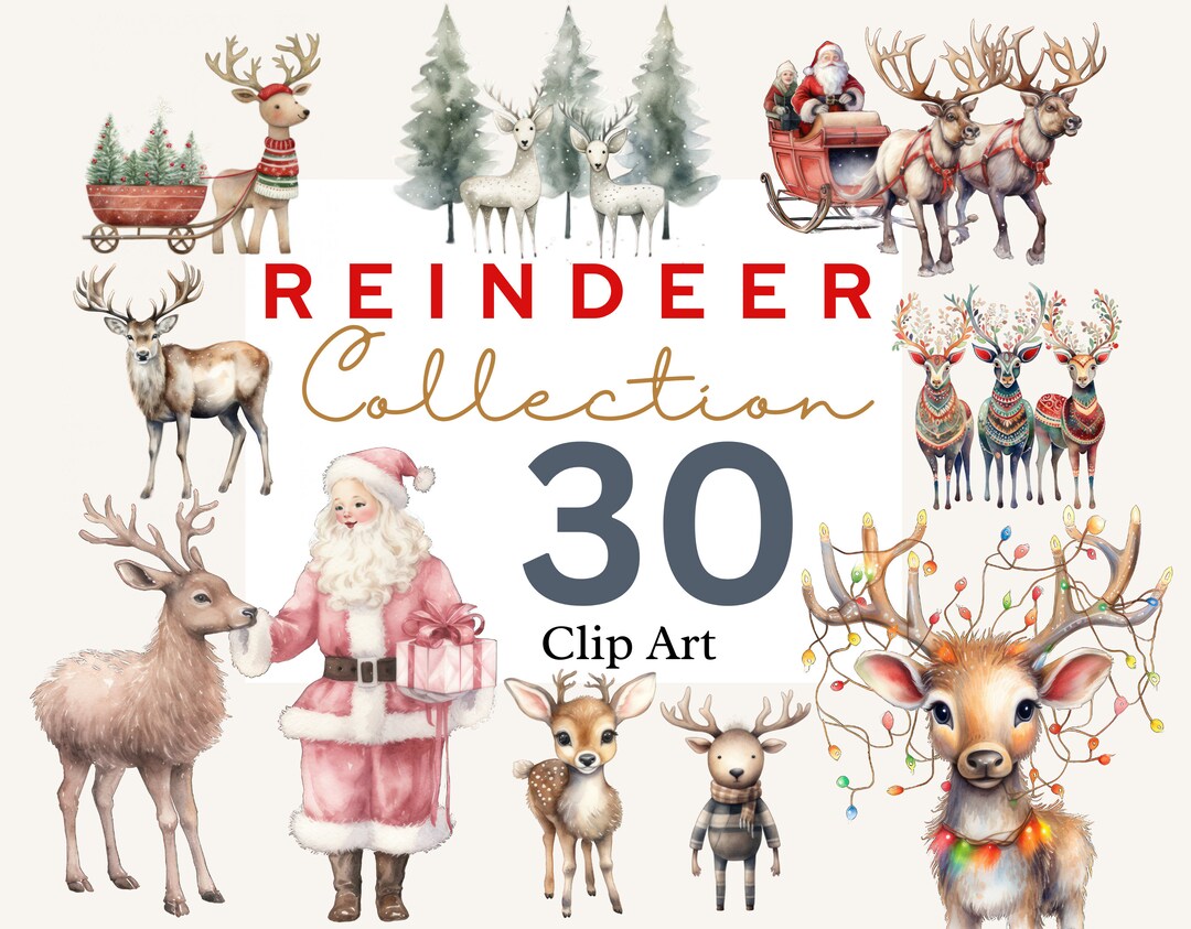 Christmas Santa's Reindeer Clipart, Cute Watercolour, Santas Reindeer ...
