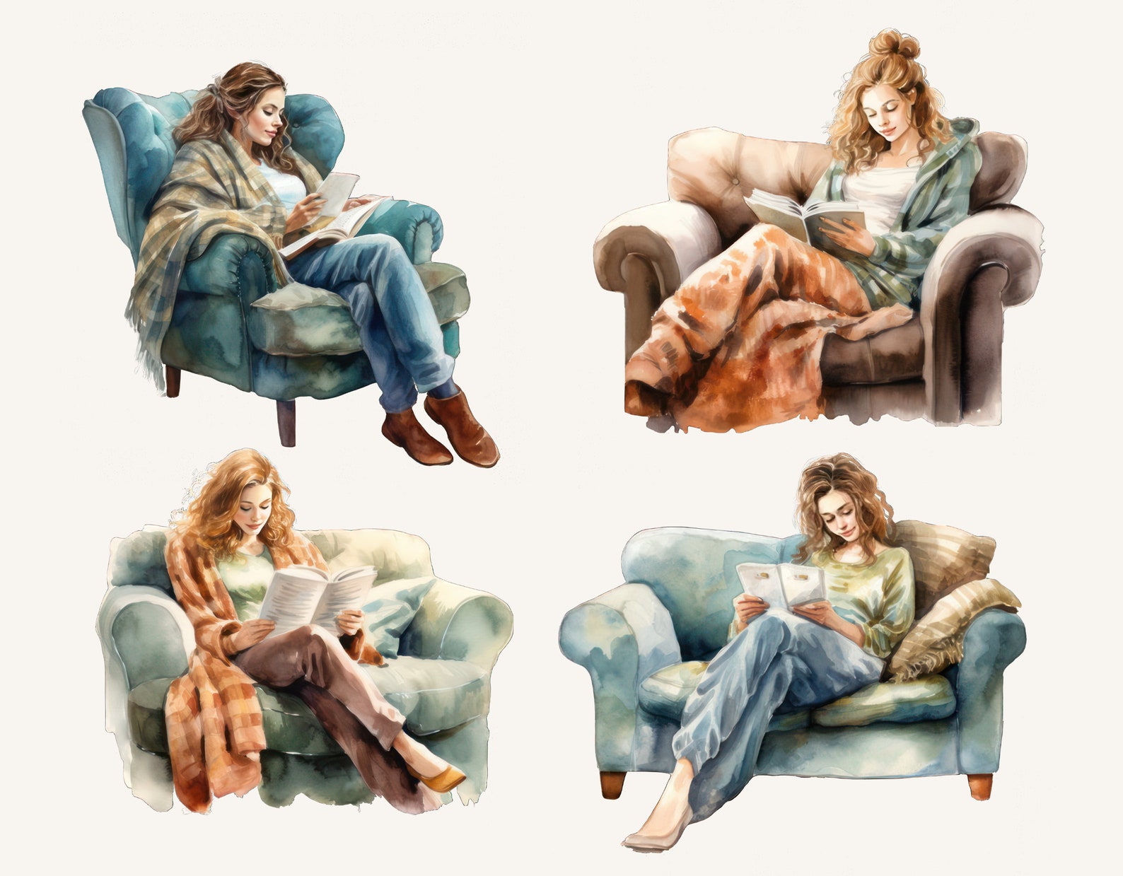 Cozy Book Clipart Bundle, Girl Read Book Clipart, Watercolor Cottage ...