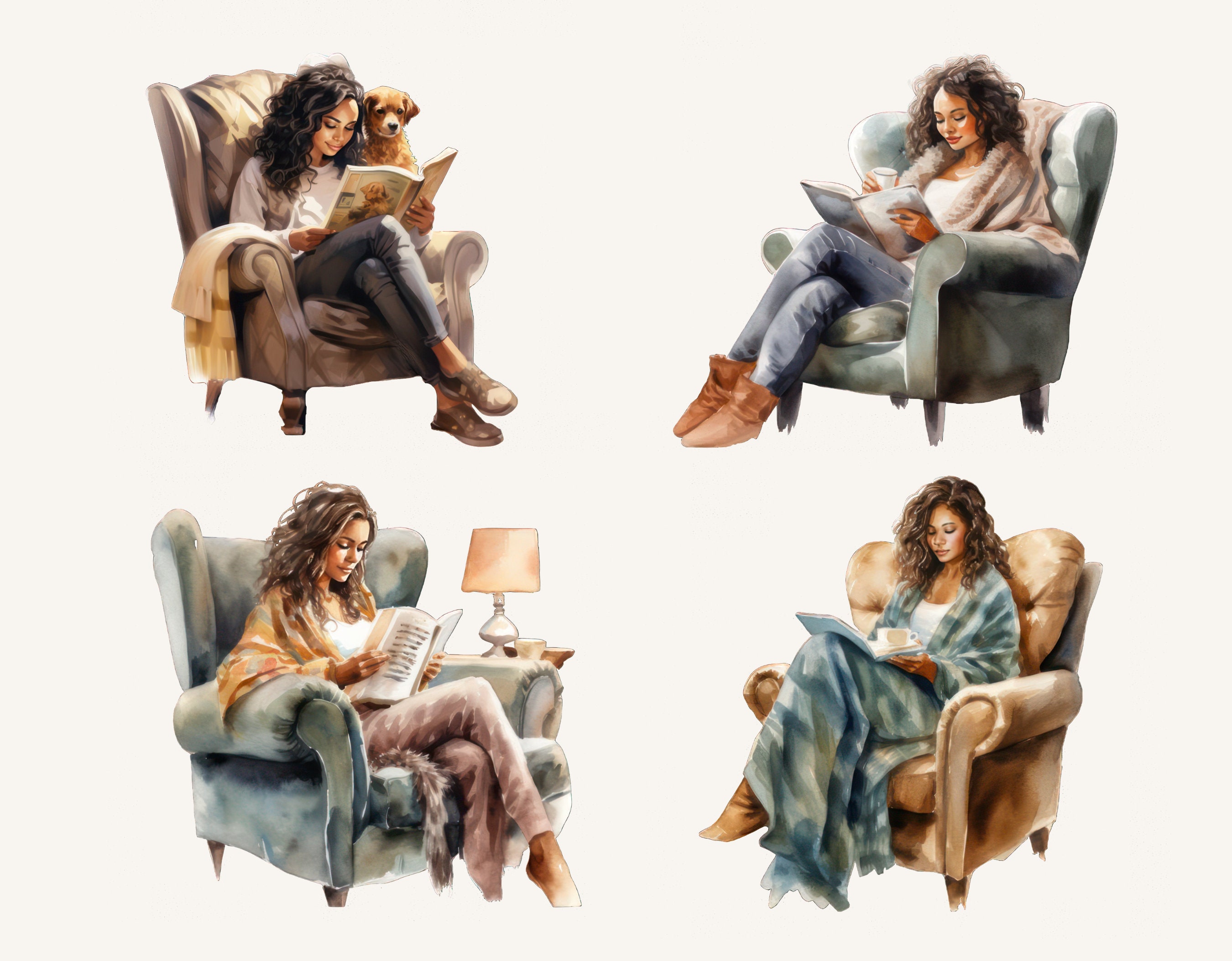 Cozy Book Clipart Bundle, Girl Read Book Clipart, Watercolor Cottage ...