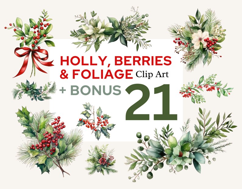Holly Berry Foliage Clipart Bundle + BONUS Items, Holiday Clip Art ...