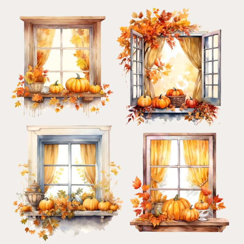 Autumn Fall Window Scene Clipart Set, Cozy Autumn Fall Farmhouse ...