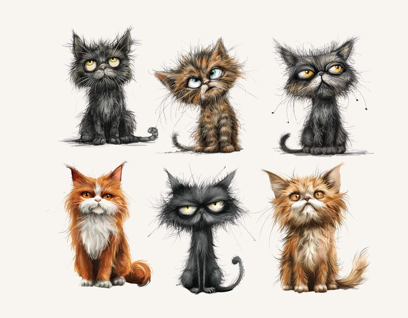 Funny Quirky Cat Clipart, Cute Cat, Quirky Frazzled Cats, Printable ...
