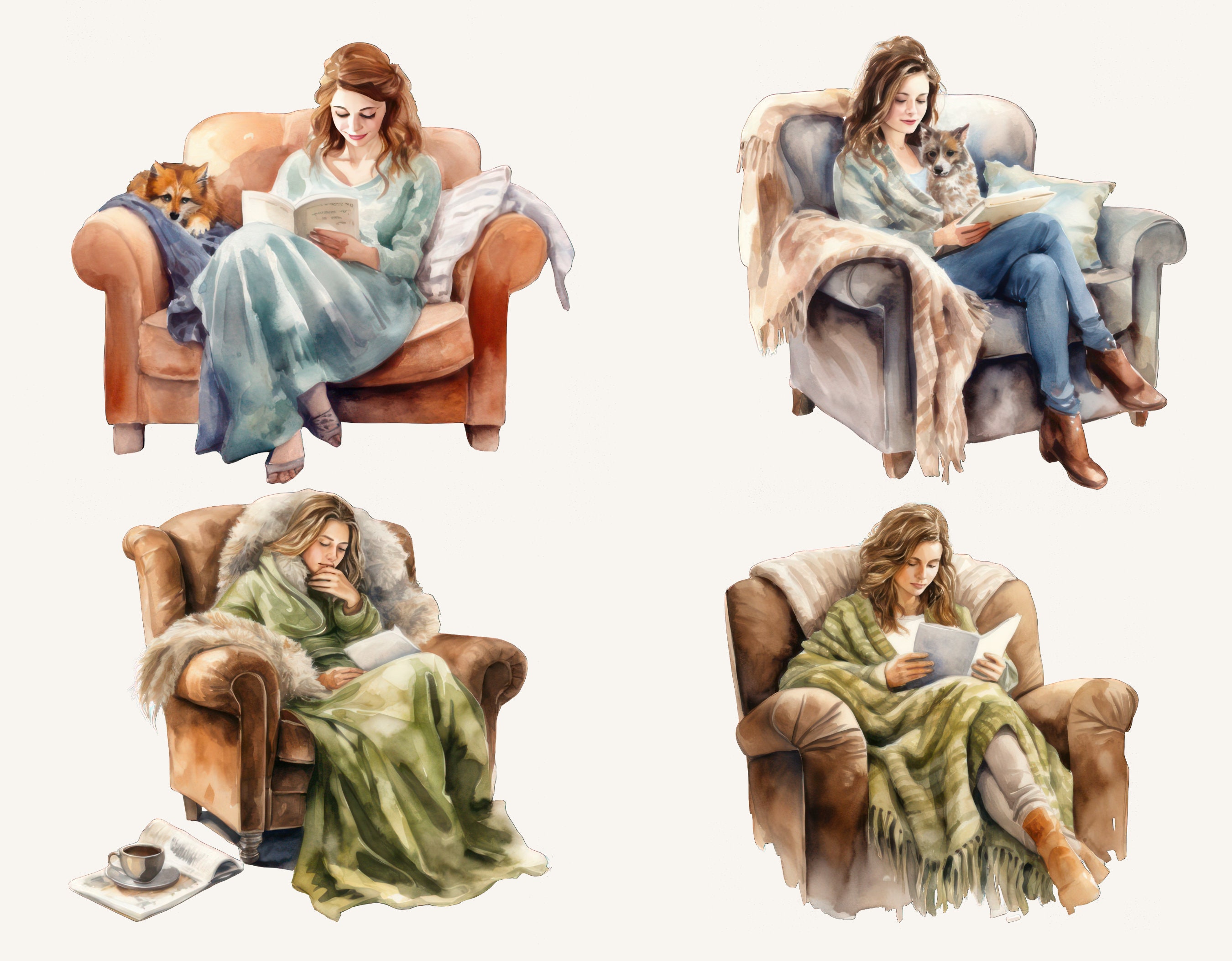 Cozy Book Clipart Bundle, Girl Read Book Clipart, Watercolor Cottage ...