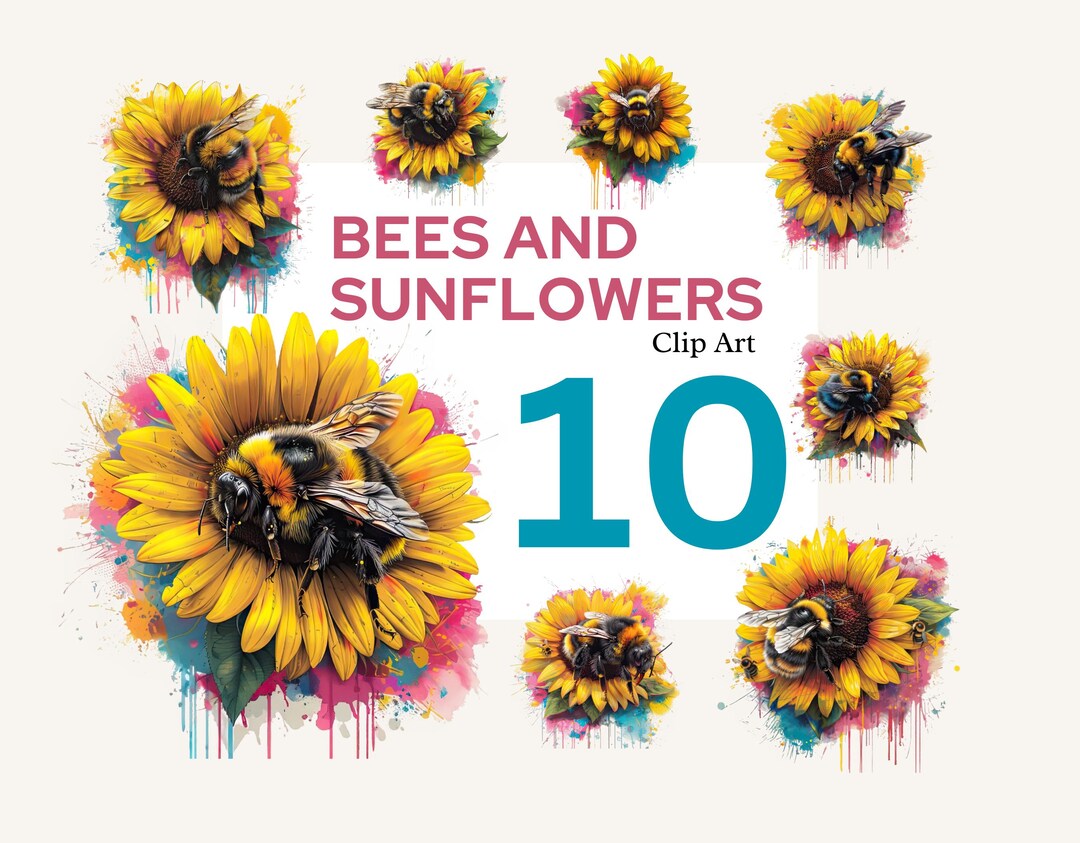 Bumblebees Clipart Bundle, Watercolor Bees Clipart Bundle, Sunflower ...