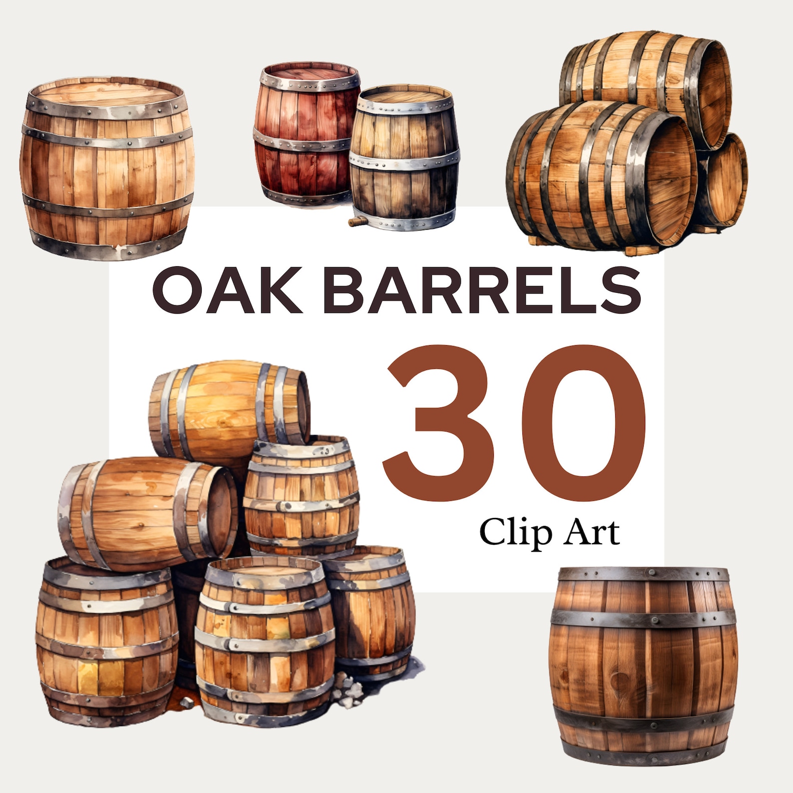 Clip Art Wooden Oak Barrels (brandy, Whisky, Wine) for Stationery ...