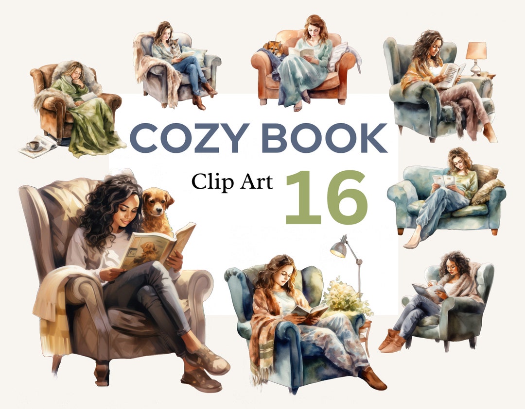 Cozy Book Clipart Bundle, Girl Read Book Clipart, Watercolor Cottage ...