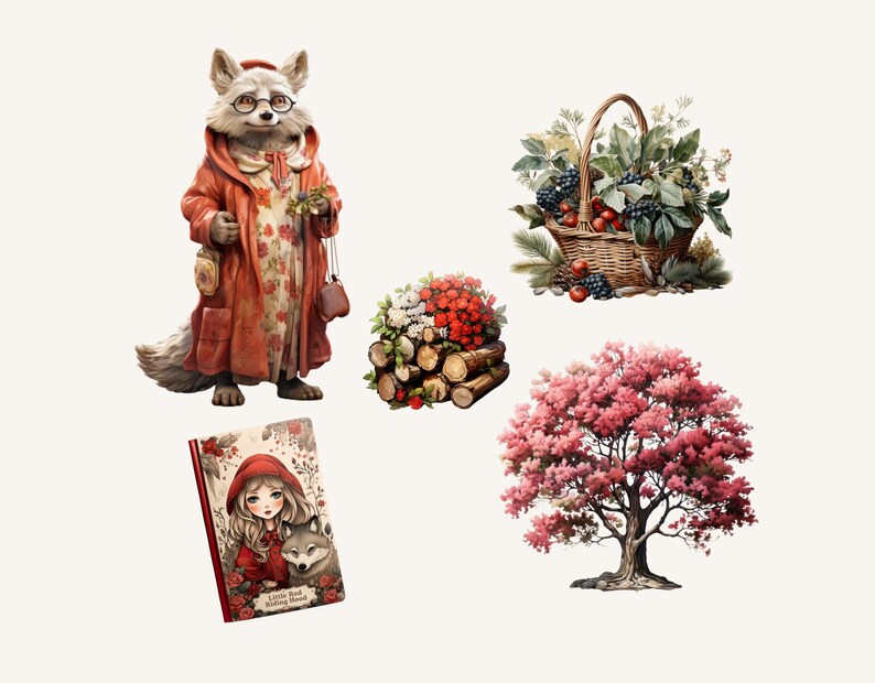 Little Red Riding Hood Watercolor Clipart, Woodland Animals Watercolor ...