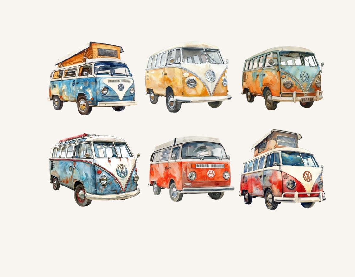Campervan Watercolor Clipart, Transparent Commercial Use PNG, VW Bus ...
