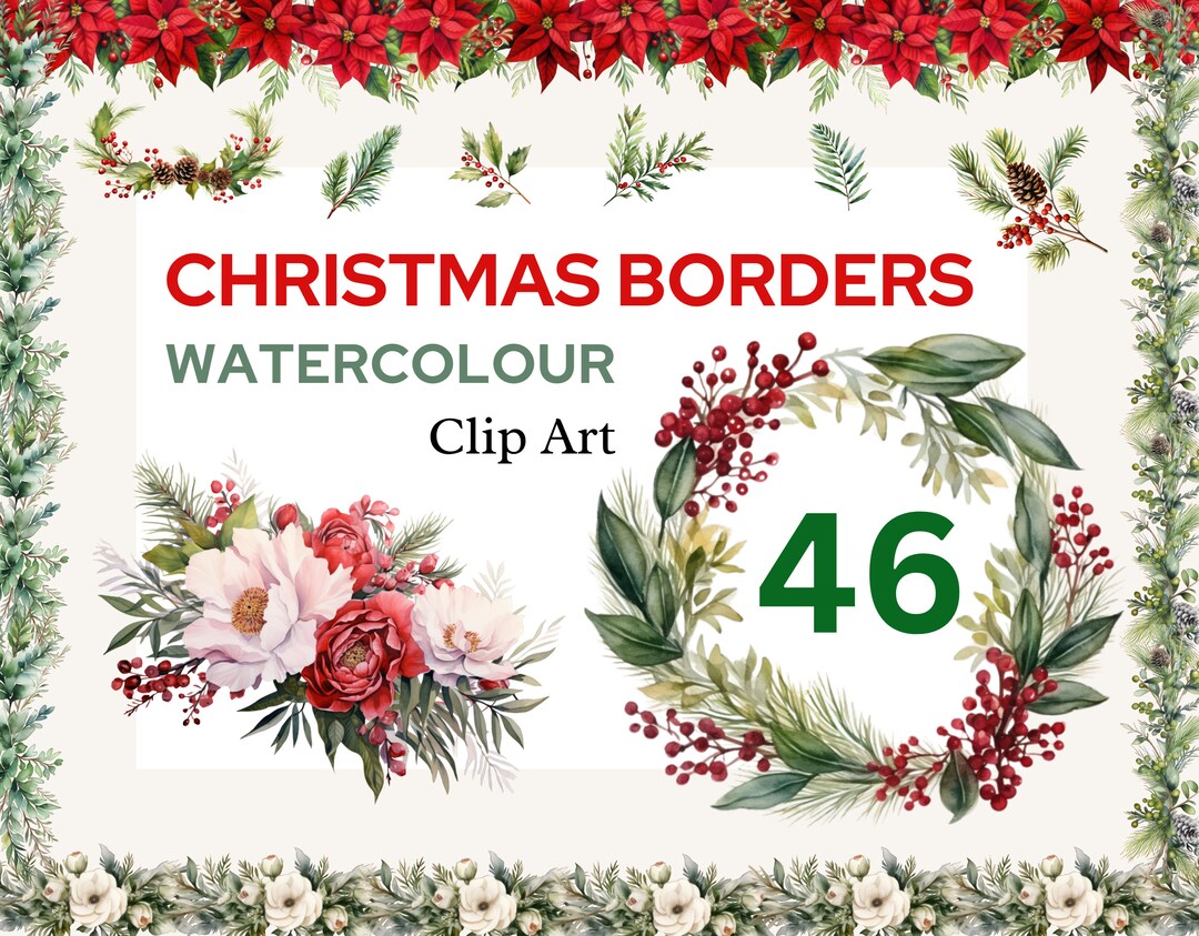 Watercolour Christmas Border Clipart Bundle With Holly Berry Foliage ...