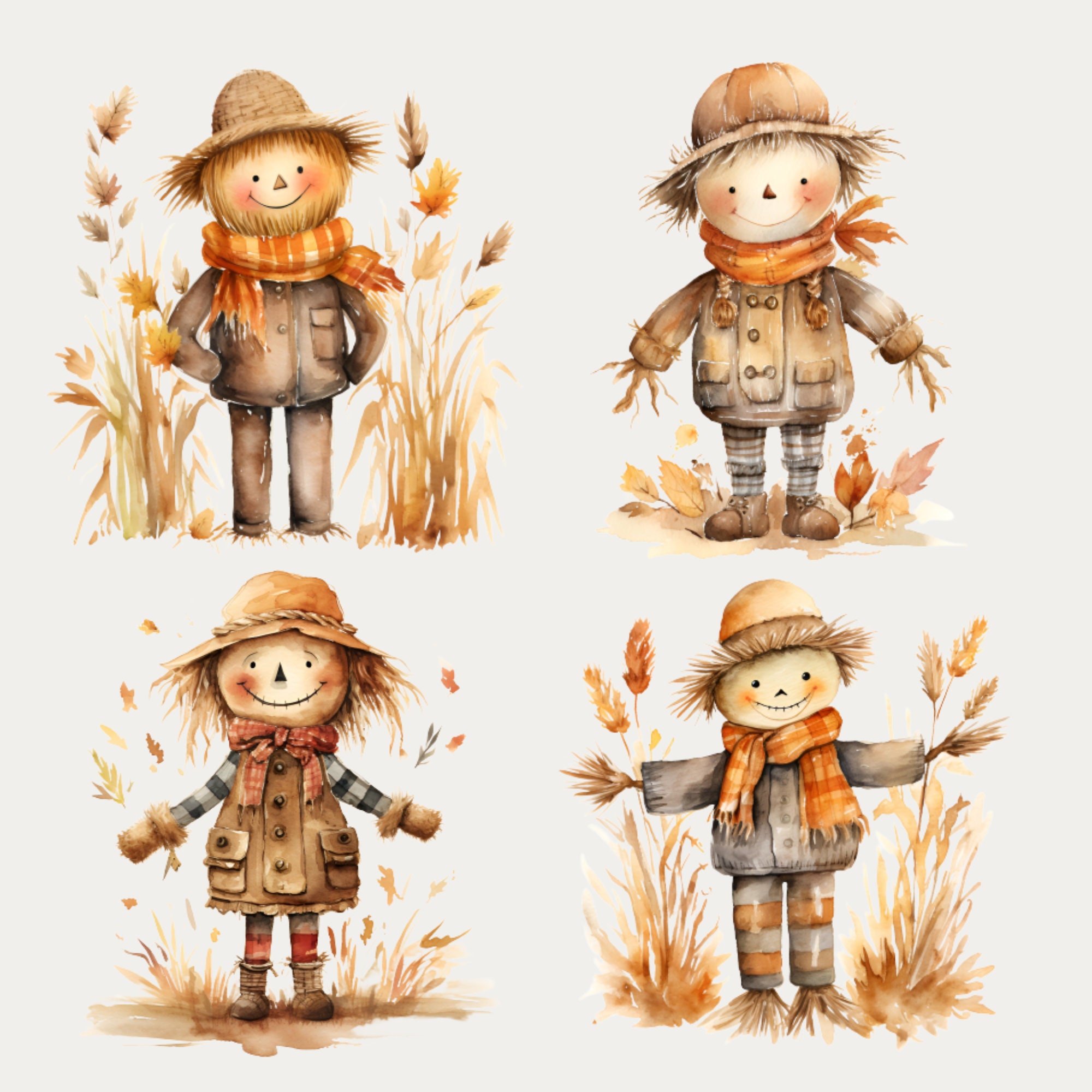 Watercolor Scarecrow Clipart Cute Fall Scarecrow Graphics - Etsy