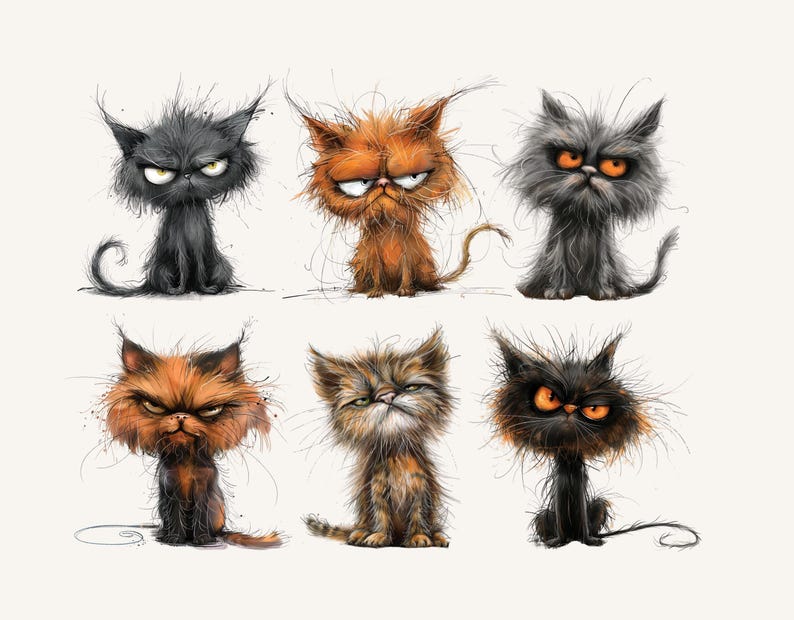 Funny Quirky Cat Clipart, Cute Cat, Quirky Frazzled Cats, Printable ...