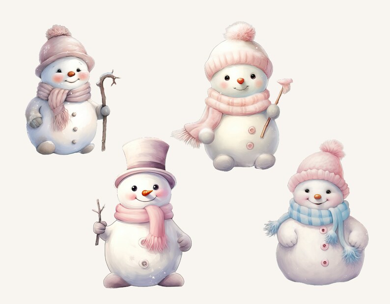 Cute Snowman Clipart, Snowmen Pastel Pink, Blue, Sage, Beige Png Images ...