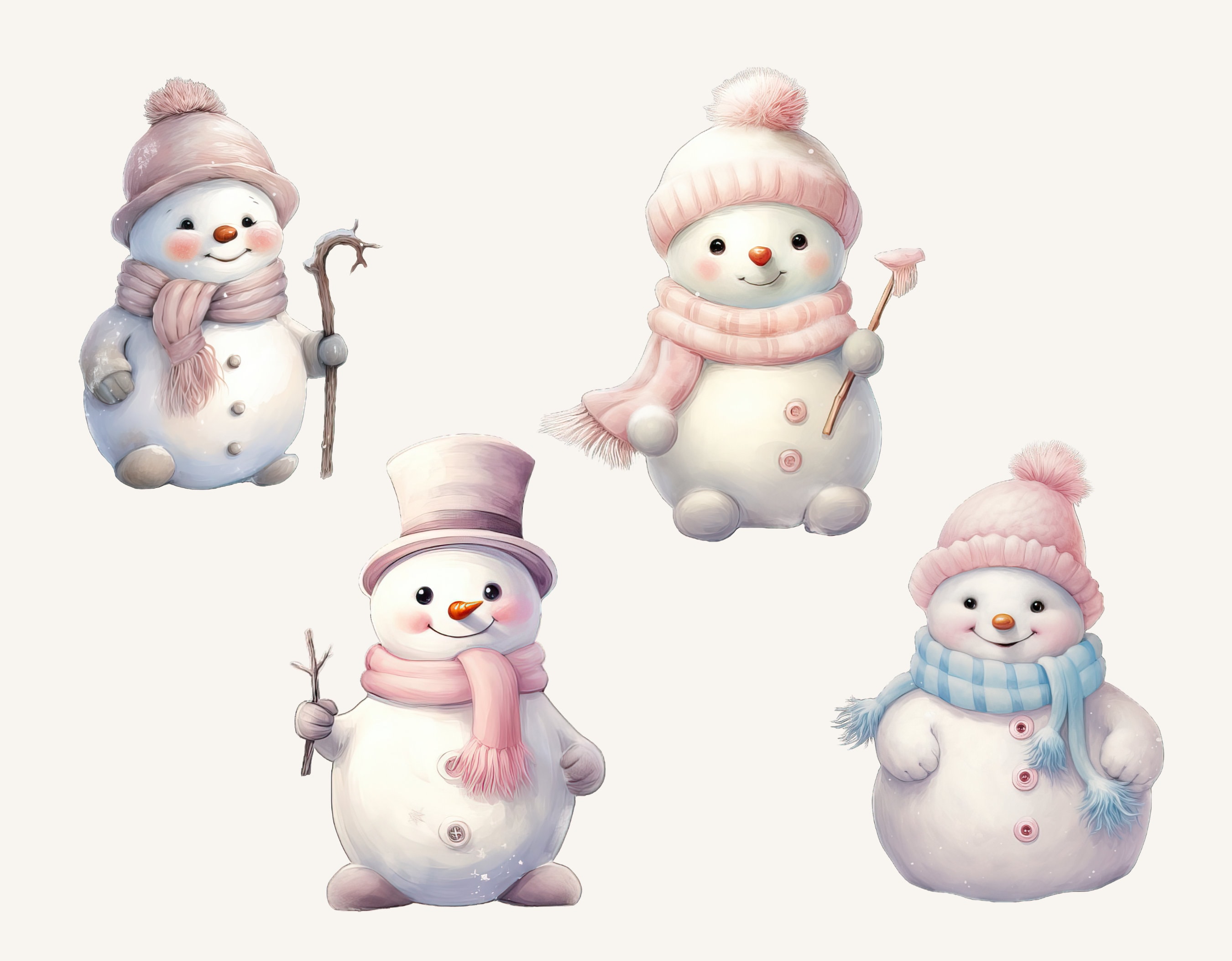 Cute Snowman Clipart, Snowmen Pastel Pink, Blue, Sage, Beige Png Images ...