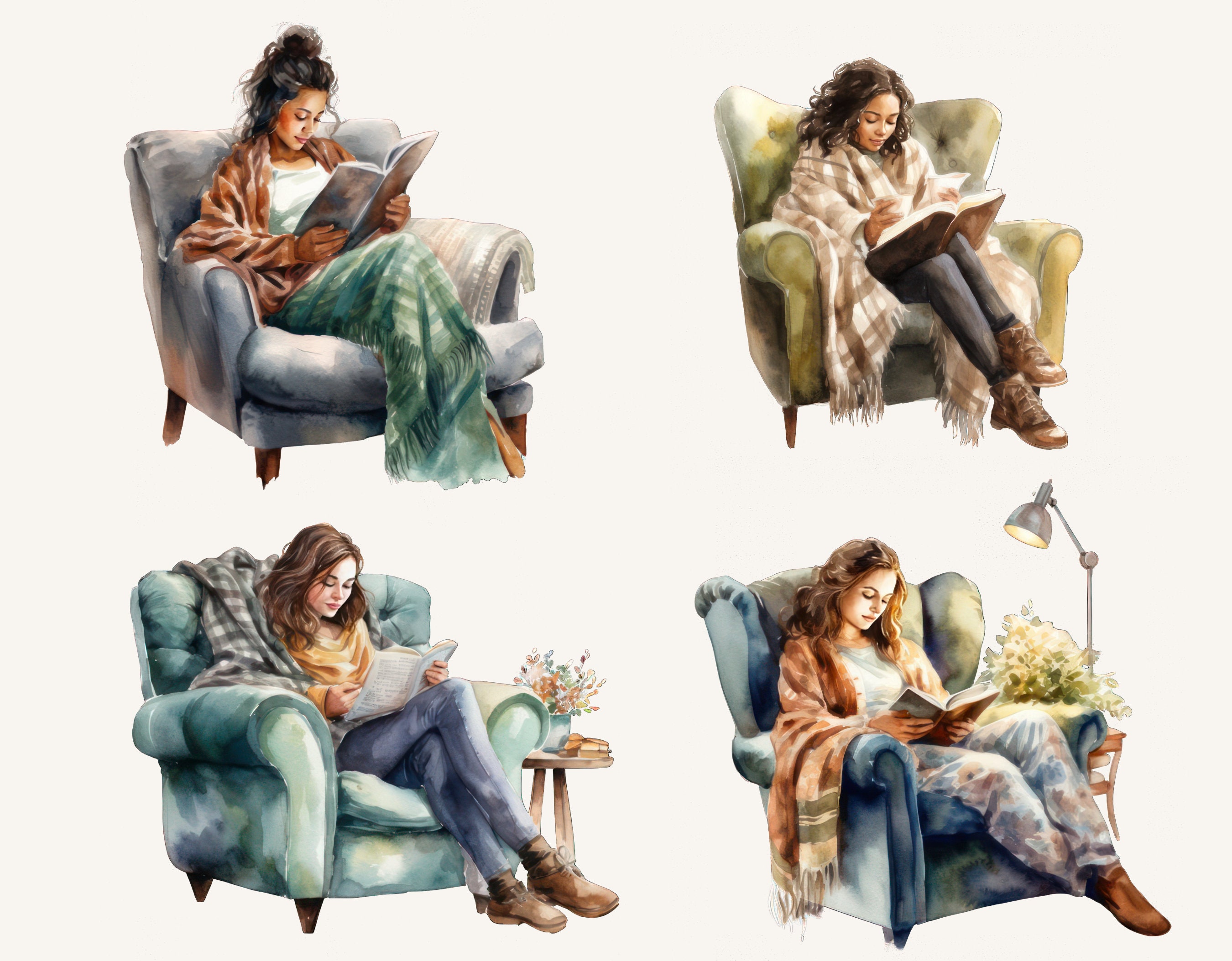 Cozy Book Clipart Bundle, Girl Read Book Clipart, Watercolor Cottage ...