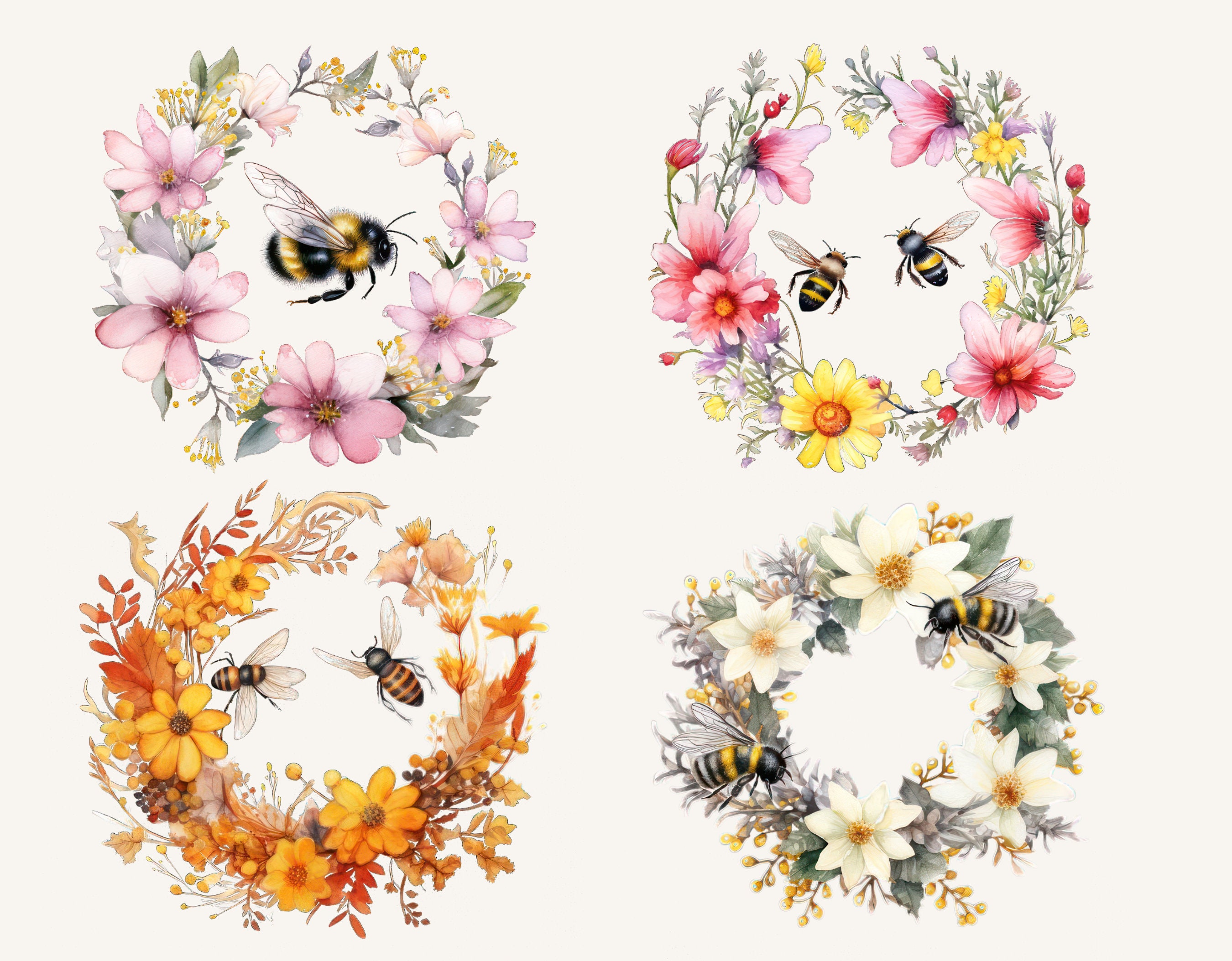 Honey Bee Flowers Clipart in Watercolour, Bee Hives, Honey, Bees ...