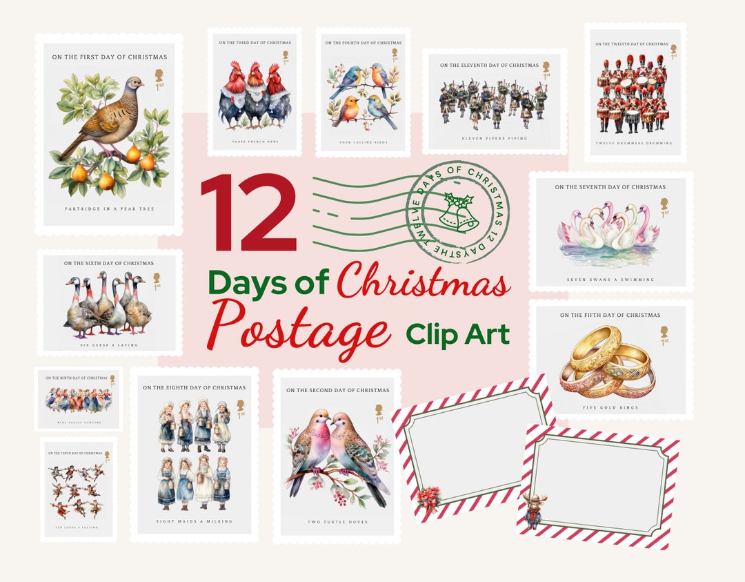 12 Days of Christmas, POSTAGE Stamps Clipart Pack, Holiday Clipart ...
