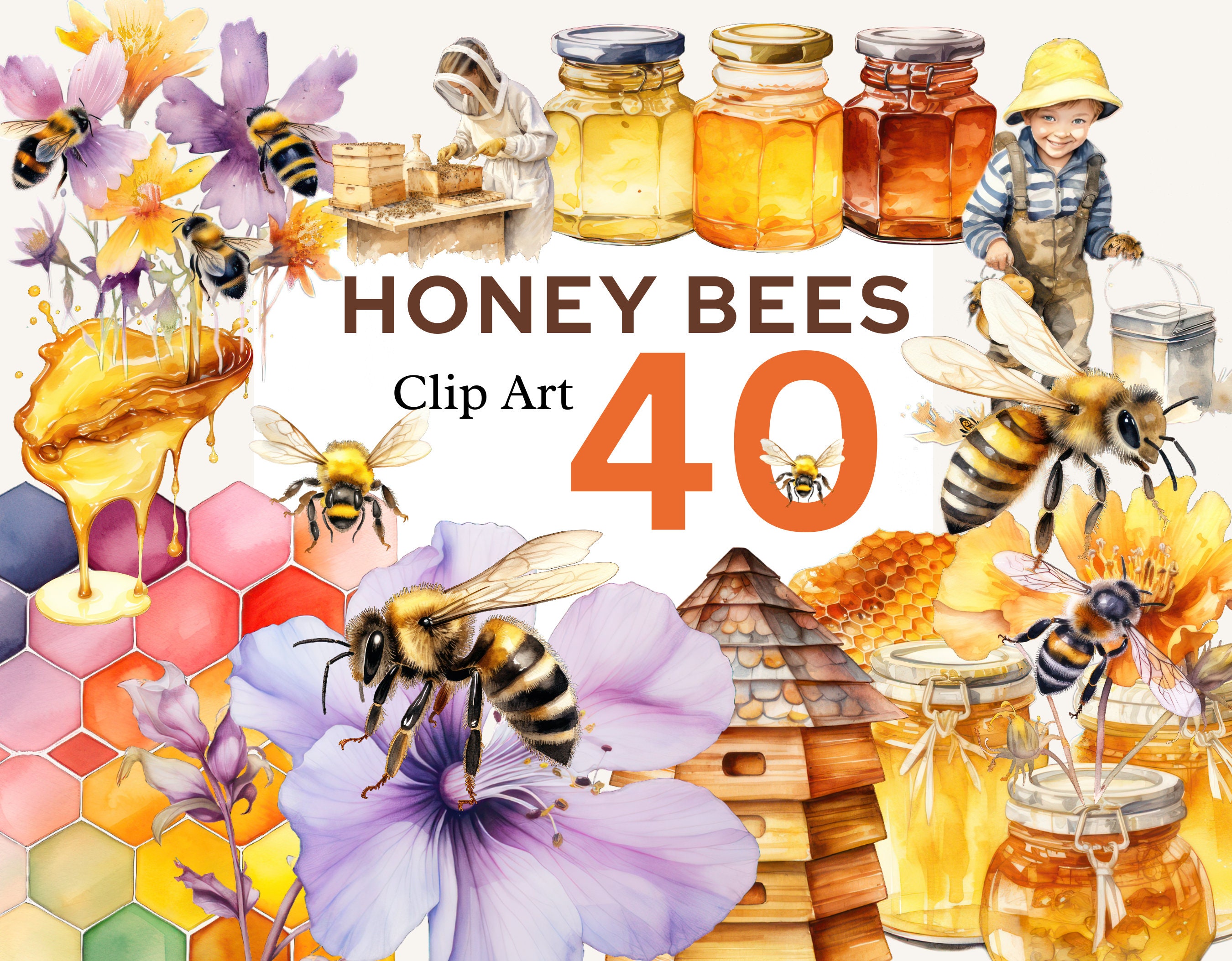 Honey Bee Flowers Clipart in Watercolour, Bee Hives, Honey, Bees ...