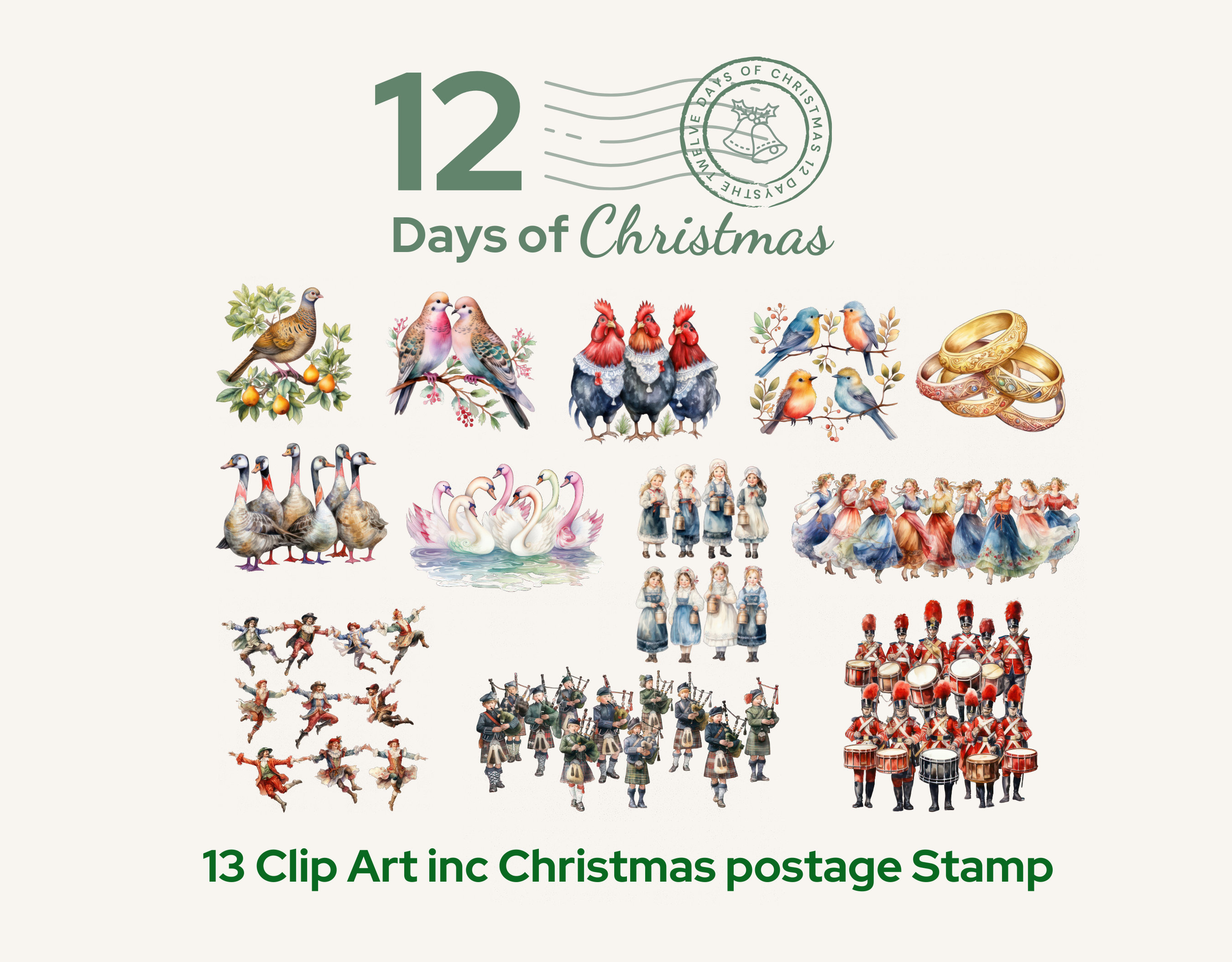 12 Days of Christmas Clipart Pack, Holiday Clip Art, Xmas Clipart ...