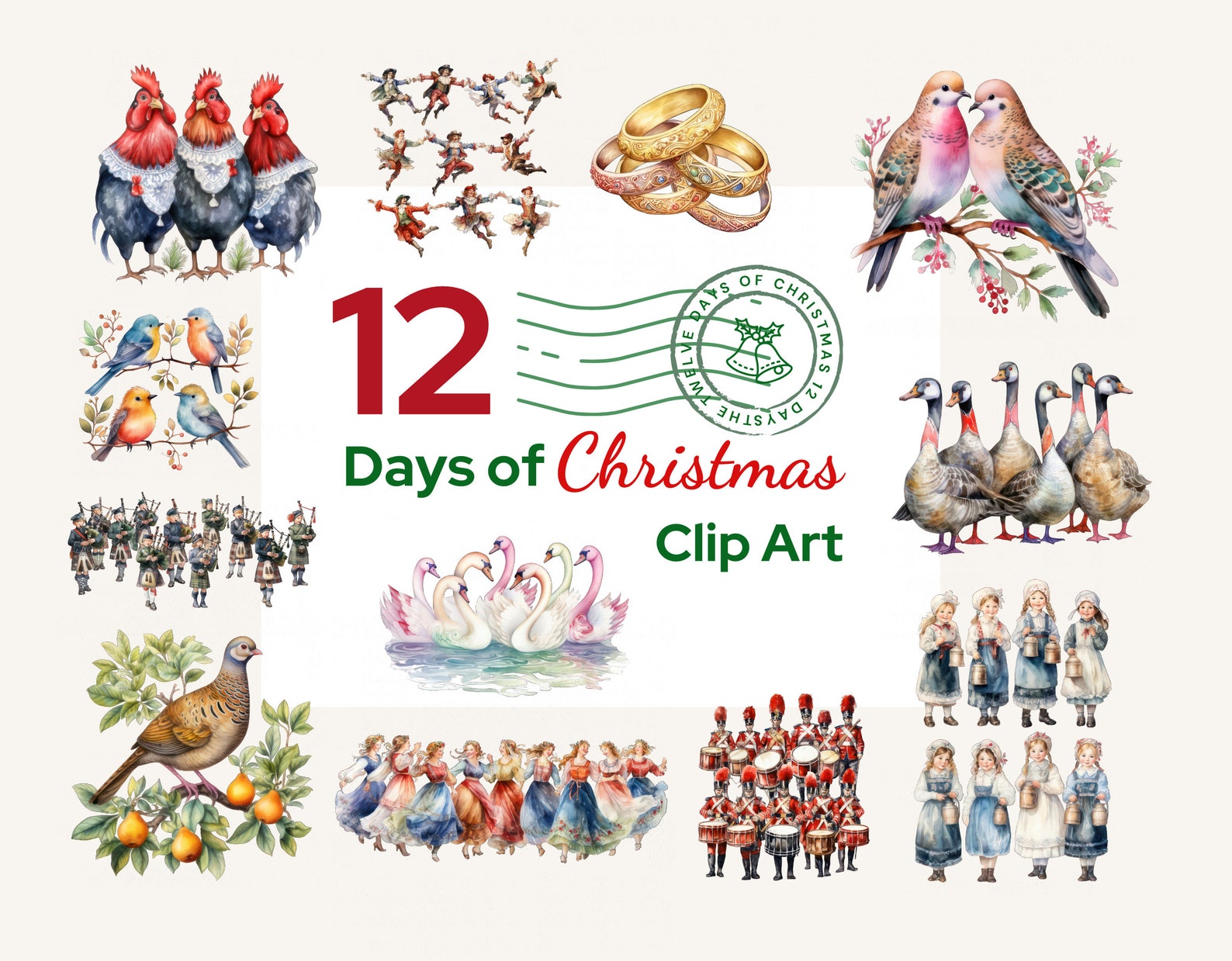 12 Days of Christmas Clipart Pack, Holiday Clip Art, Xmas Clipart ...