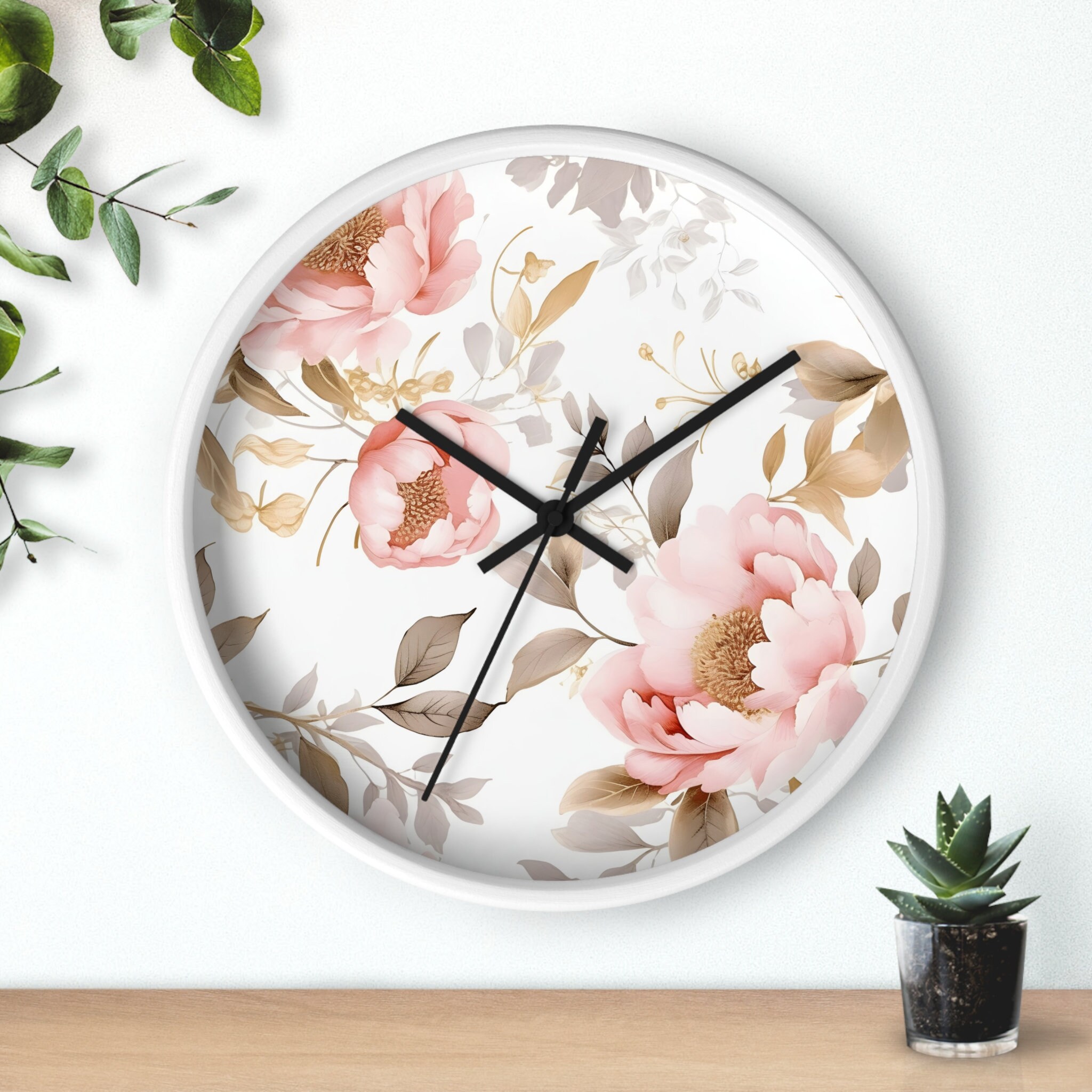 Boho Blush Chinoiserie Wall Clock Bright Floral Watercolor Wall Clock ...