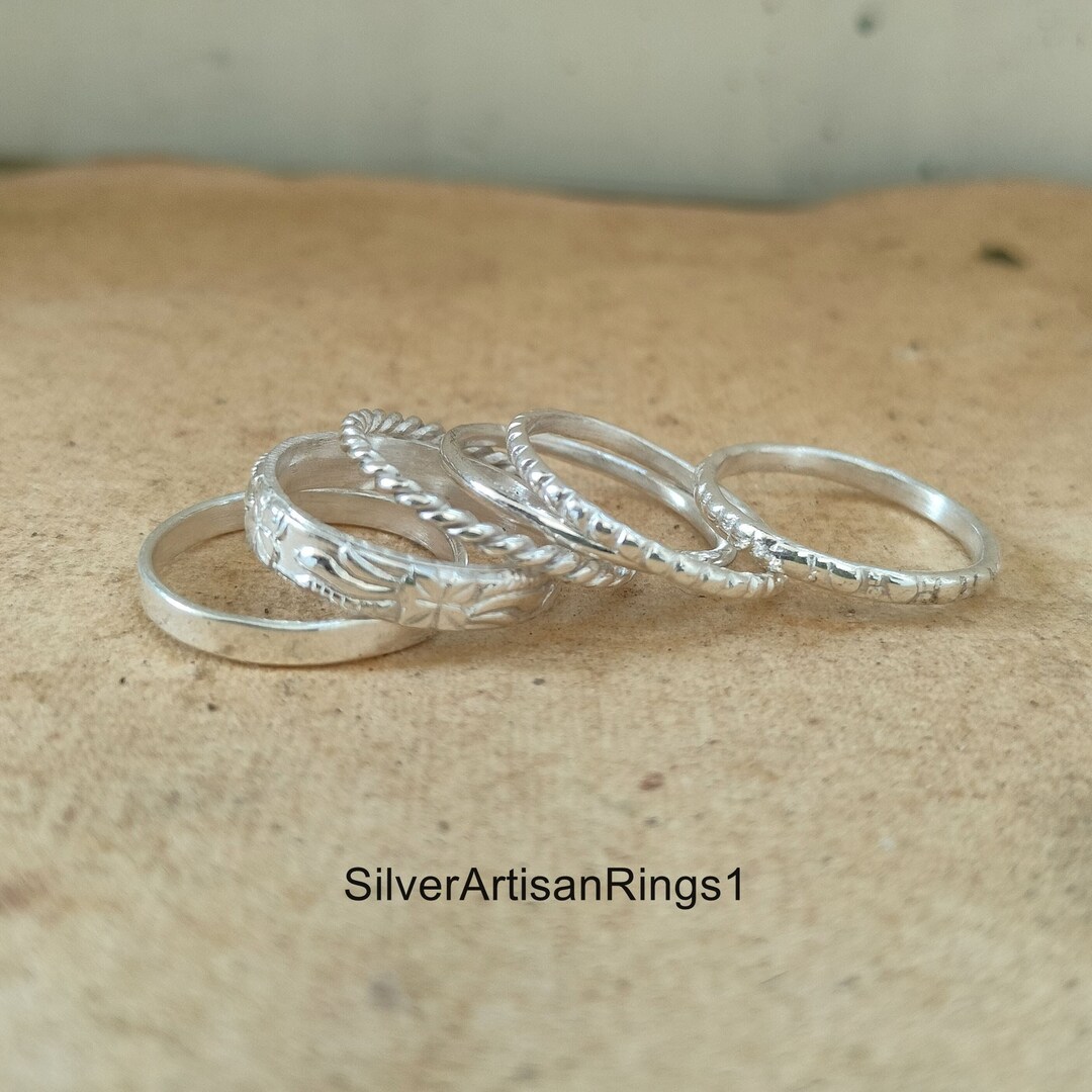 Set of 6 Sterling Silver Stacking Rings Thin & Thick Rings Assorted Pattern Rings Dainty Beaded ...
