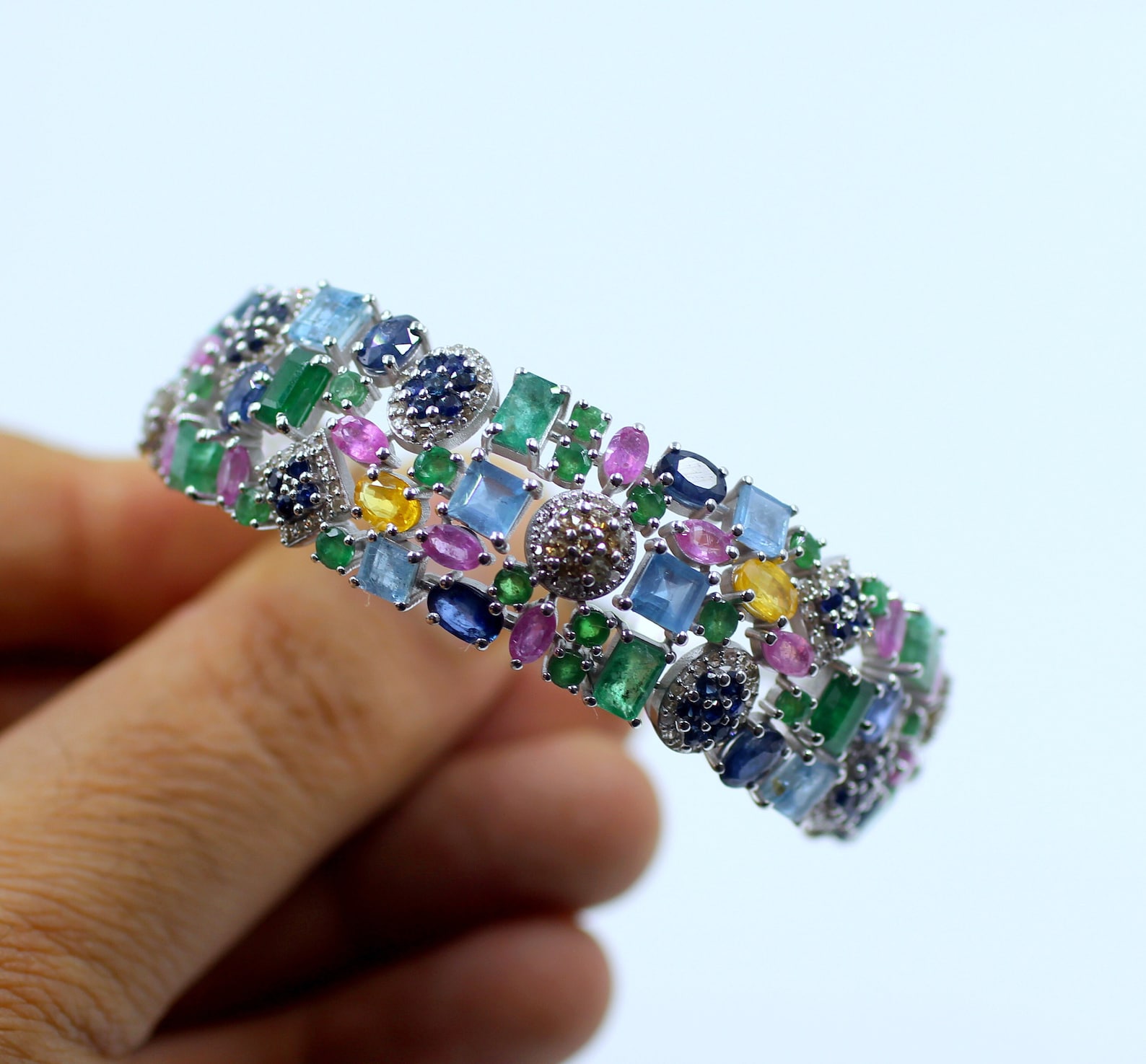 Multi Sapphire Bangle, Multi Sapphire Women Bracelet, Open Box Silver ...