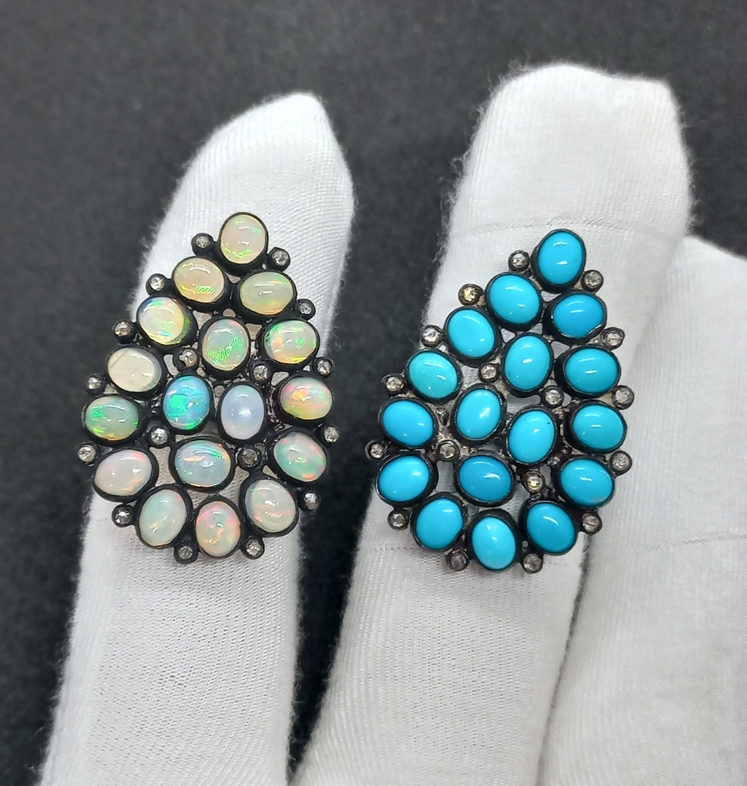Natural Turquoise & Opal Ring| Rose Cut Diamond Jewelry| 925 Sterling ...