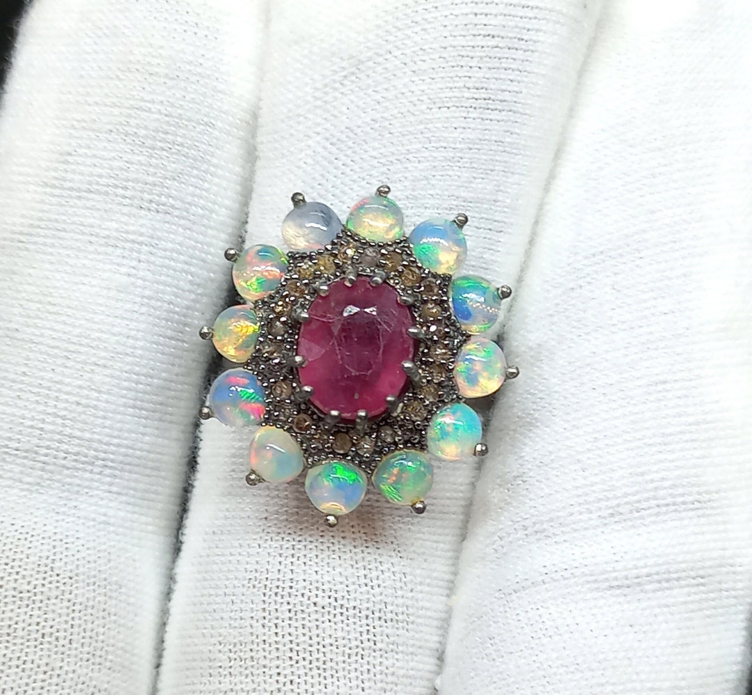 Ruby & Opal Rose Cut Diamond Ring,925 Silver Ring, Gemstone Ring, Birthstone Ring, Wedding ...