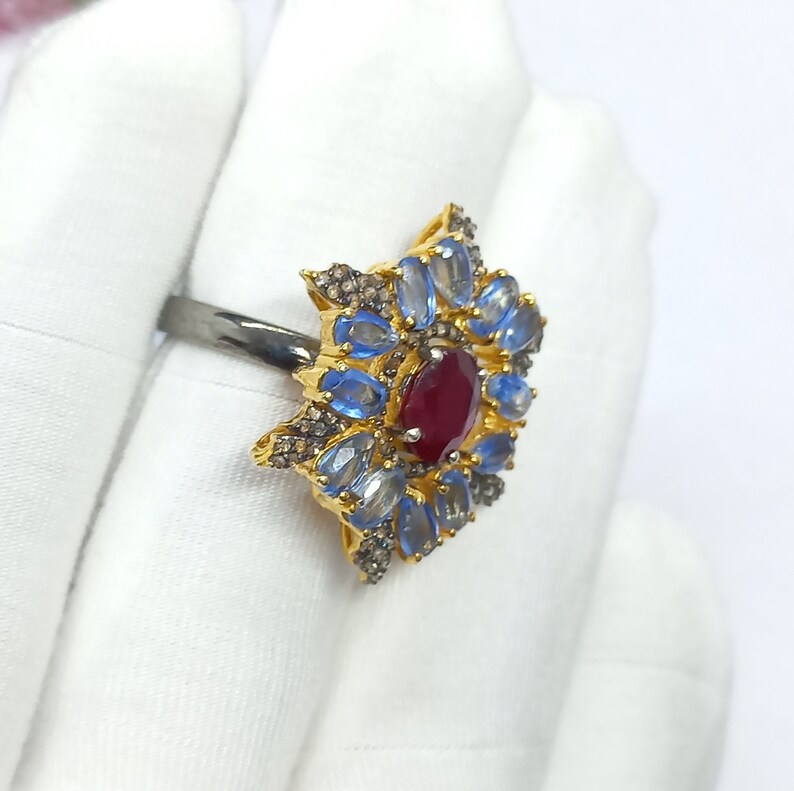 Handmade Ruby, Kyanite & Diamond Silver Ring: Precious Stone Statement ...
