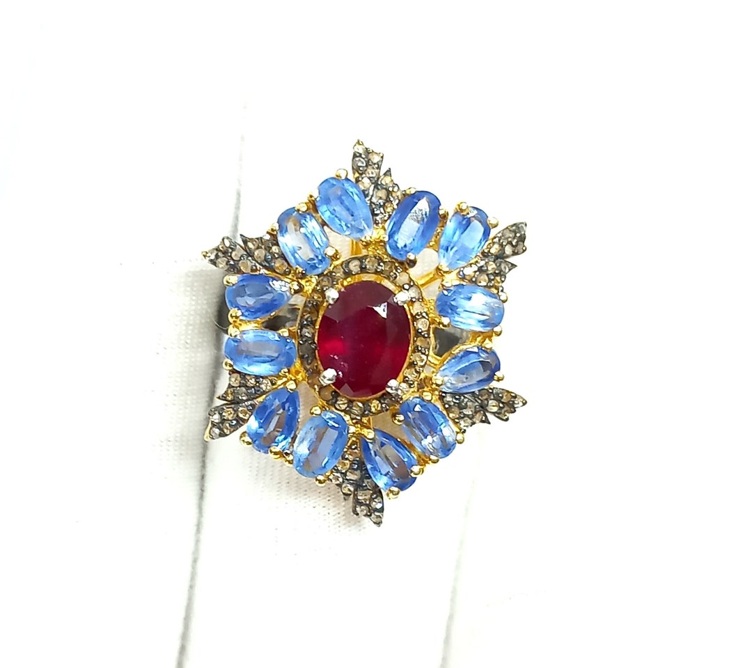 Handmade Ruby, Kyanite & Diamond Silver Ring: Precious Stone Statement ...