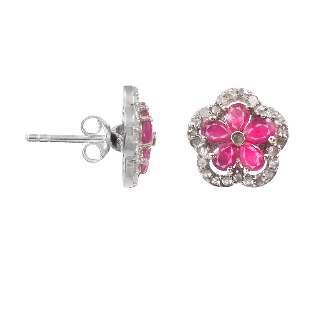 925 Sterling Silver Pear Ruby Diamond Pave Flower Stud Earrings, Ruby ...