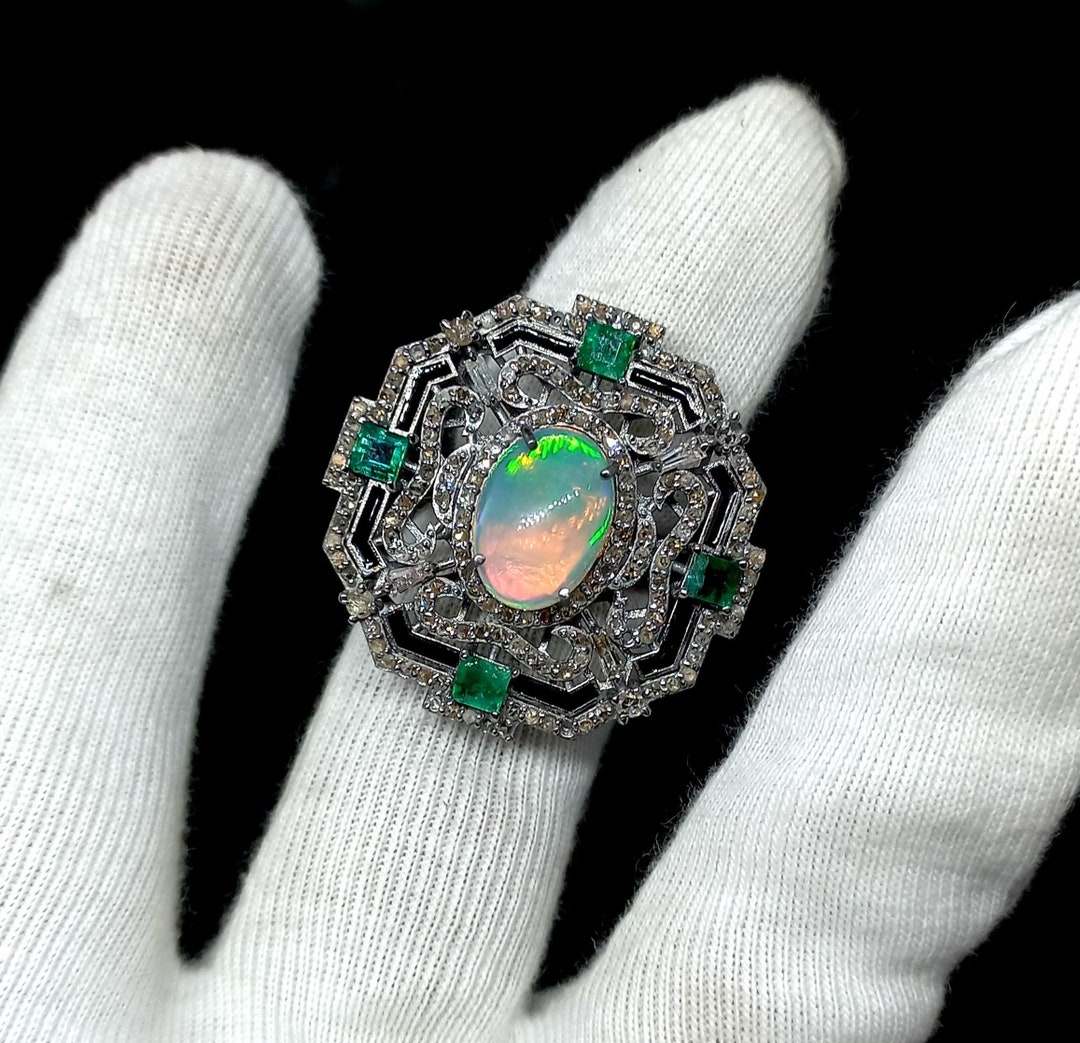 Buy Ethiopian Opal Emerald Ring: Diamond & Black Enamel, 925 Sterling ...
