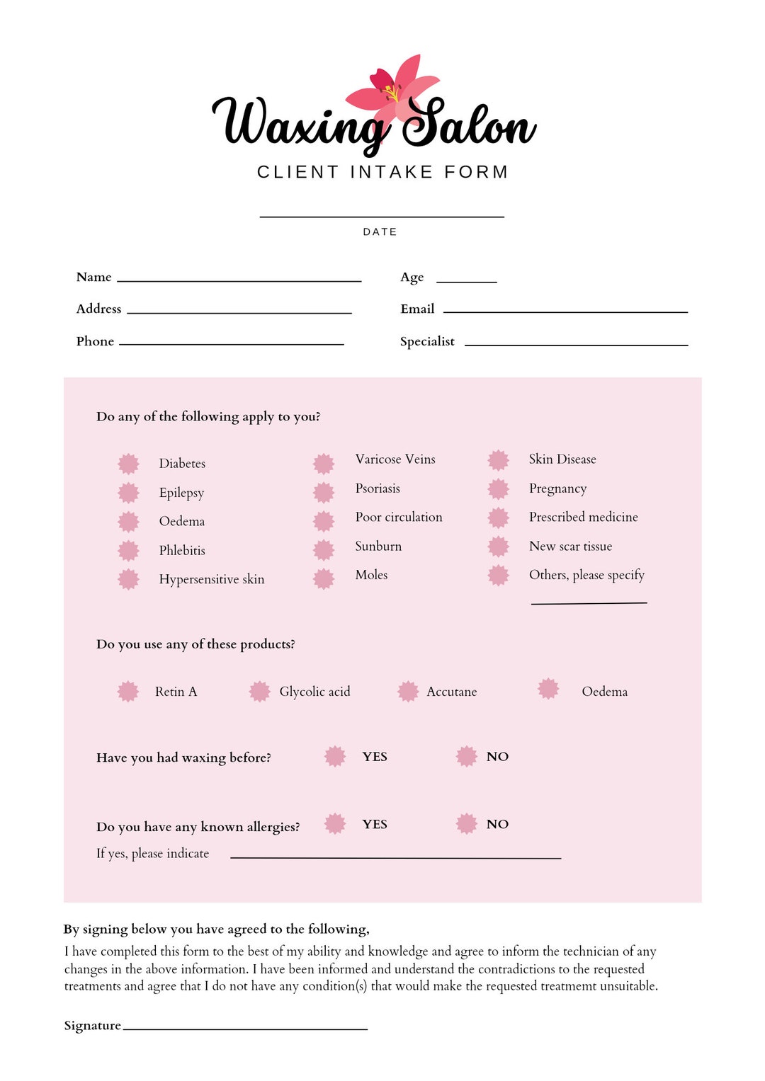 White and Pink Waxing Salon Client Intake Form - Etsy