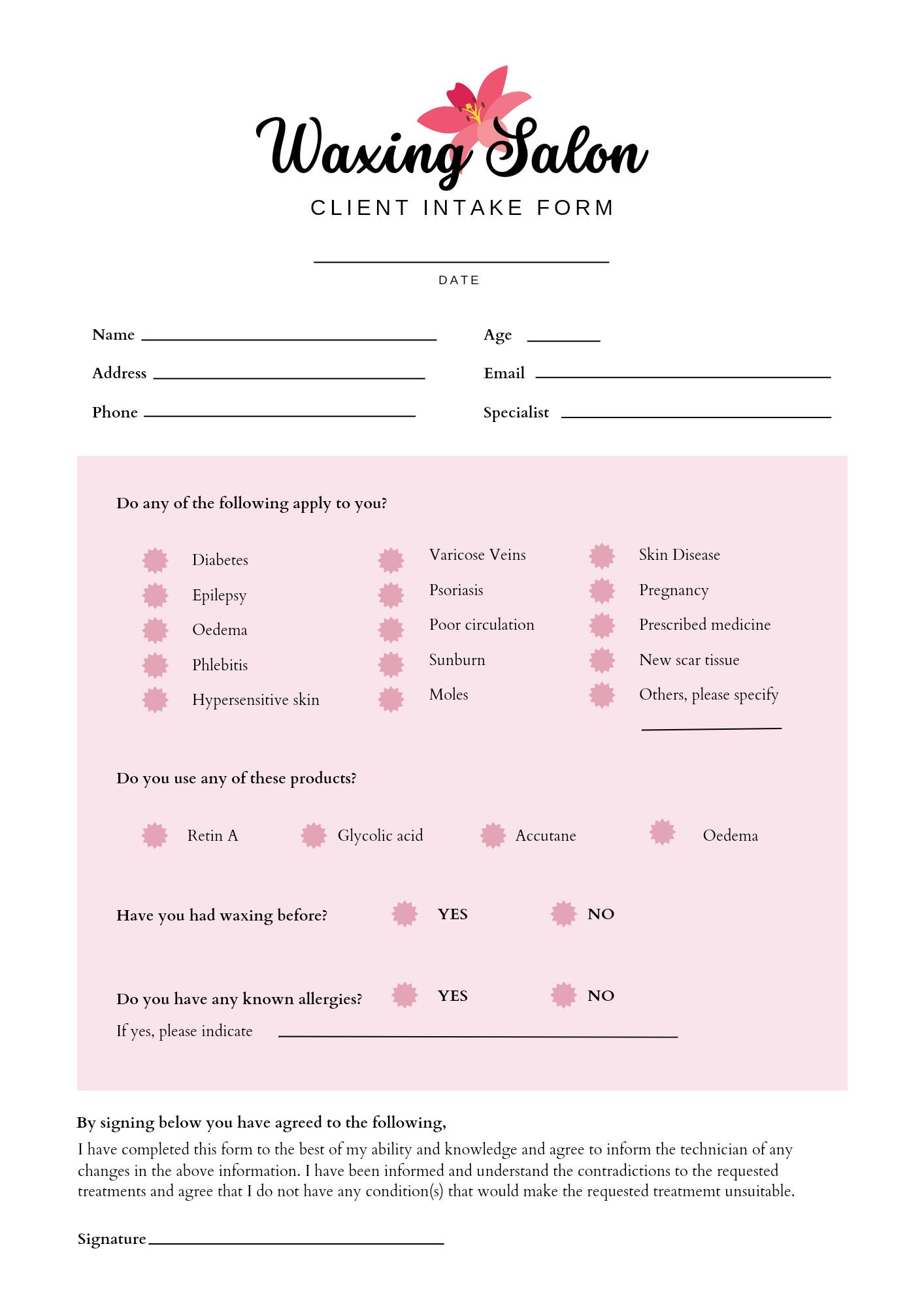 White and Pink Waxing Salon Client Intake Form - Etsy
