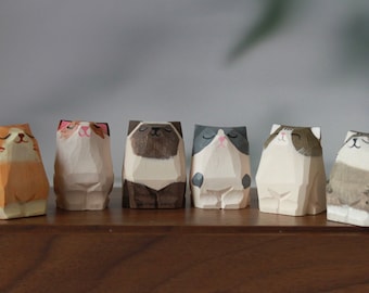 Healing Wood Cat Handcraft Wooden Cute Cat Dog Ornament Carving Desk ...