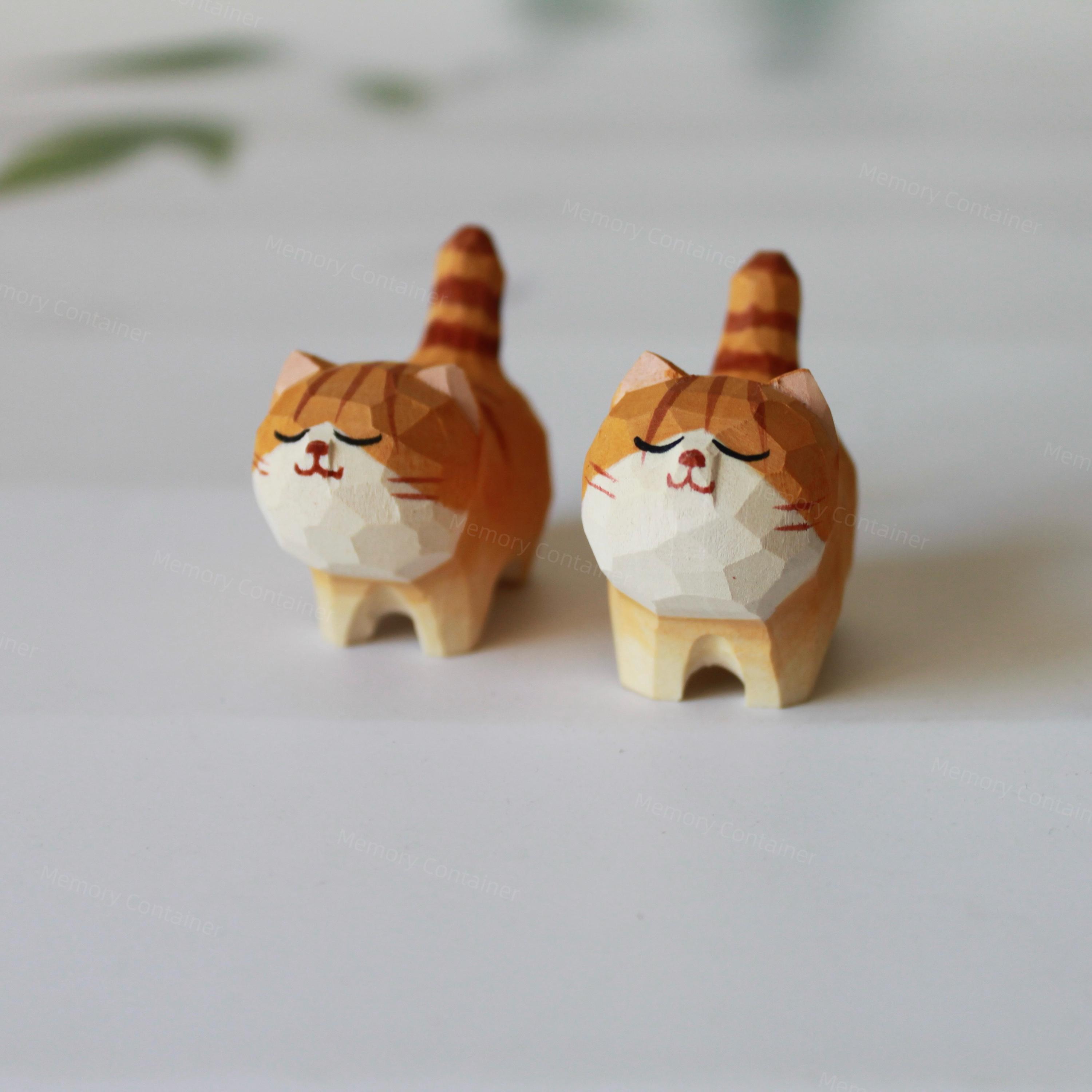 Healing Wood Cat Handcraft Wooden Cute Cat Dog Ornament Carving Desk ...