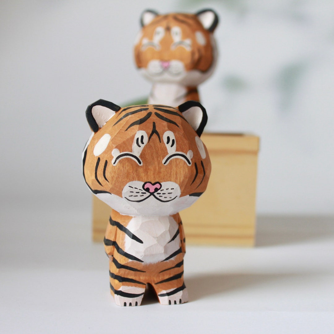 Handmade Smile Tiger Wood Carving: Zodiac Animal Desk Decor, Handcraft ...