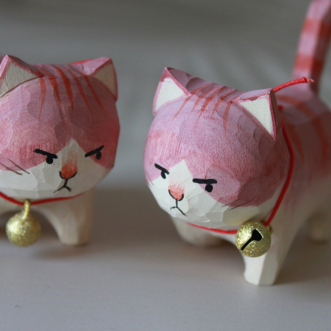 Handcraft Wooden Cute Pink Cat Ornament Carving Desk Home Little ...