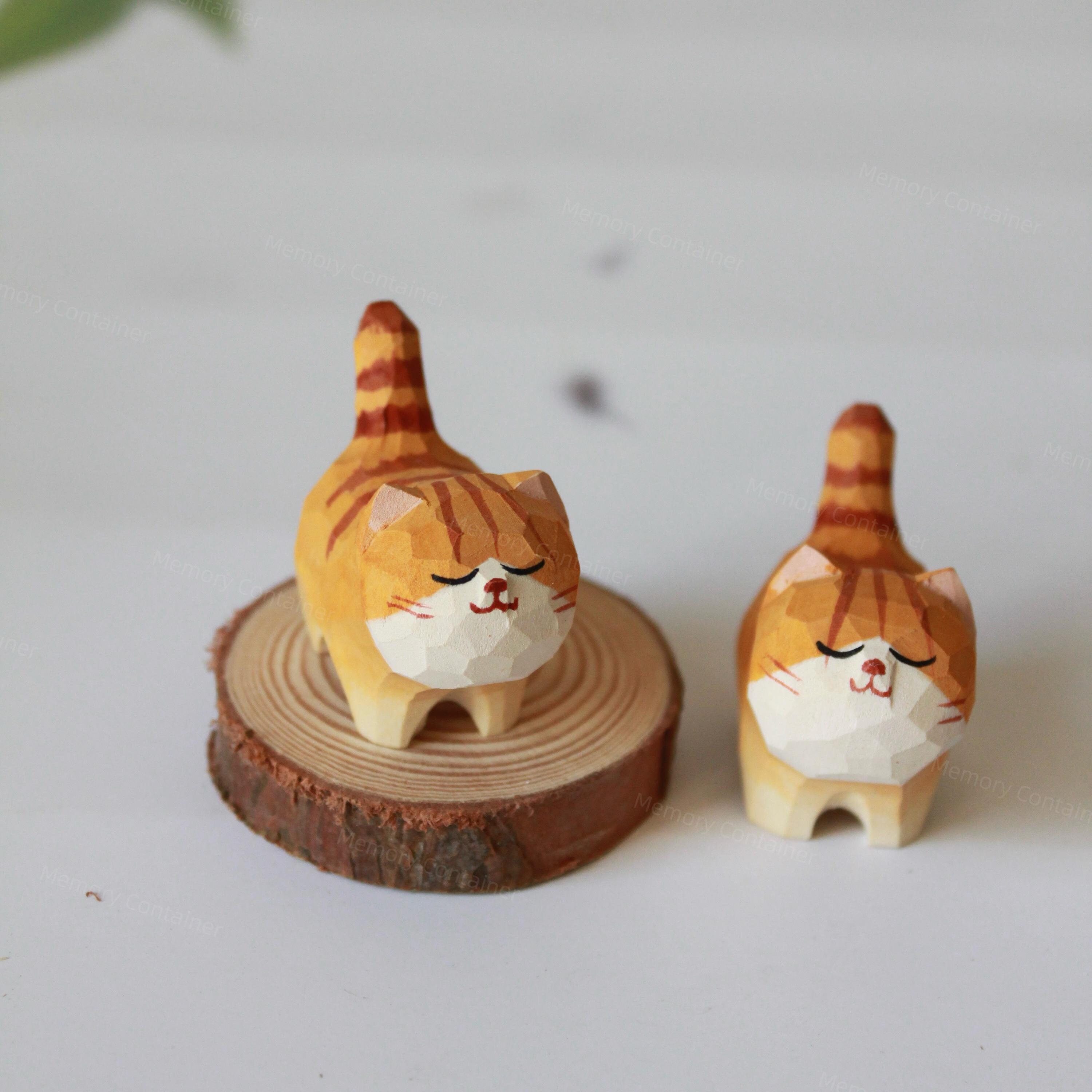 Healing Wood Cat Handcraft Wooden Cute Cat Dog Ornament Carving Desk ...