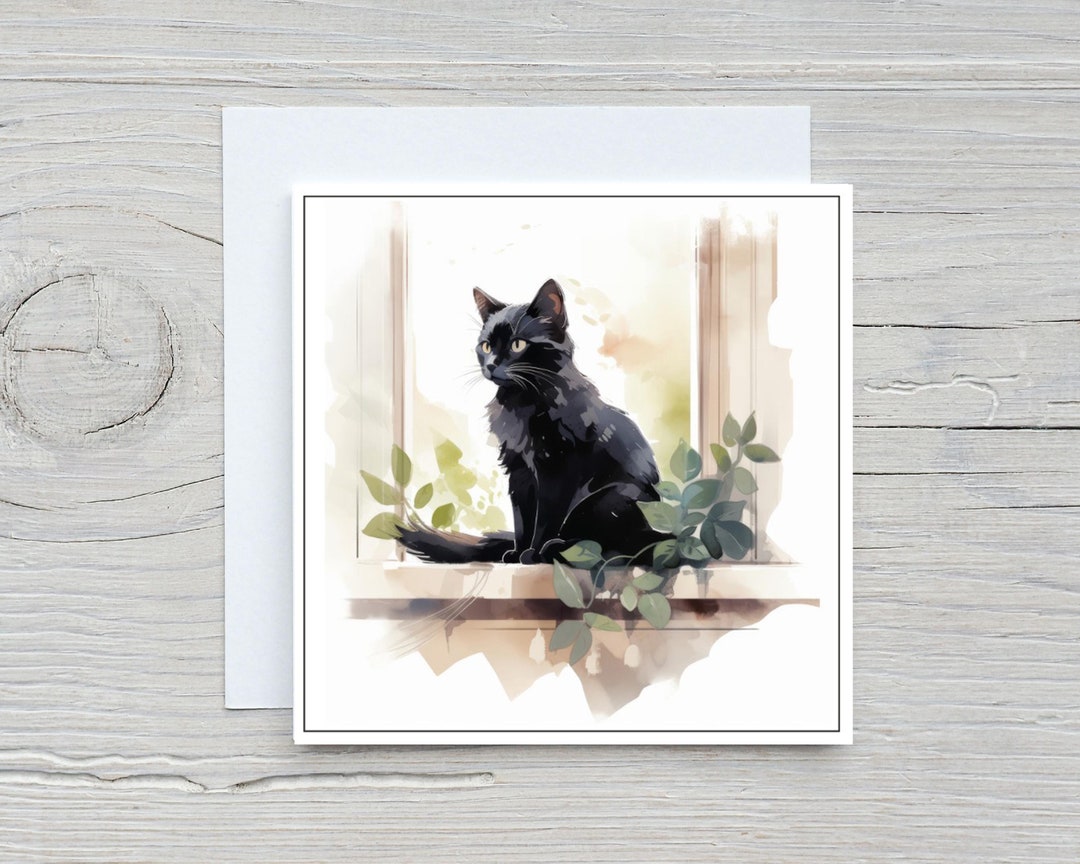 Black Cat Card, Cards for Cat Lovers, Black Cat Illustration Card, Pet ...