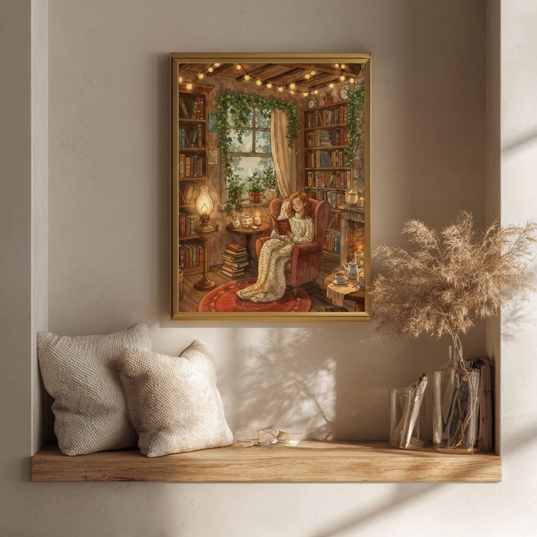 Cozy Cottage Reading Nook Art | String Lights Library Print | Hygge ...