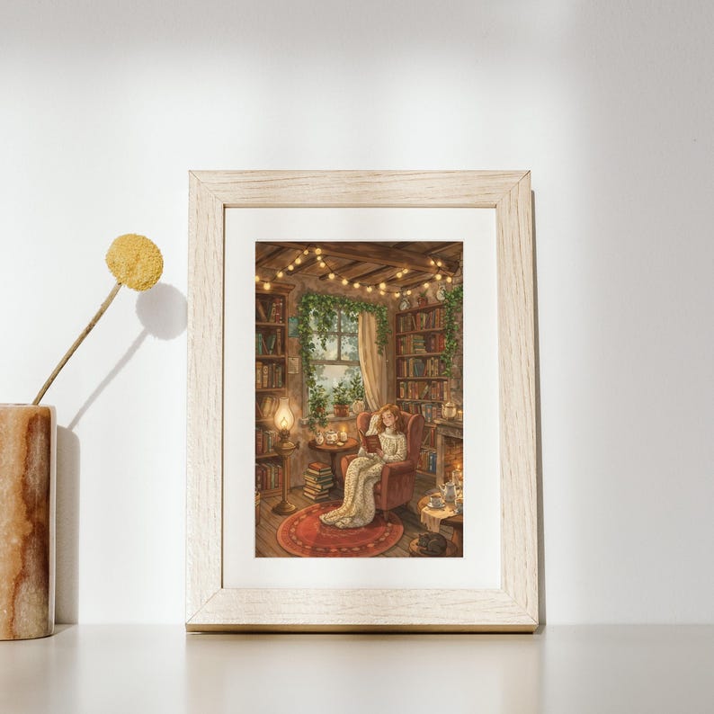 Cozy Cottage Reading Nook Art | String Lights Library Print | Hygge ...