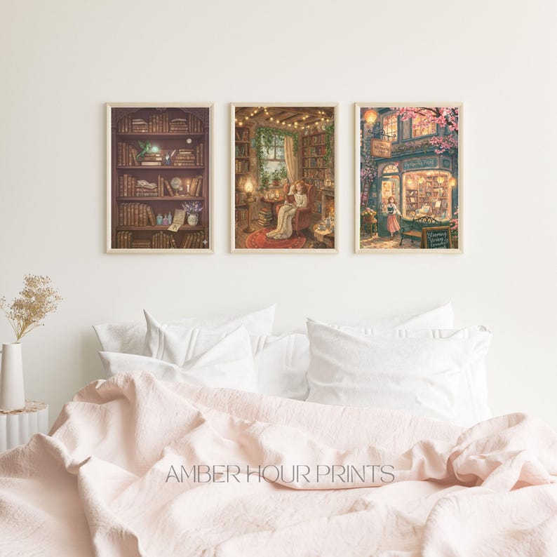Cozy Cottage Reading Nook Art | String Lights Library Print | Hygge ...