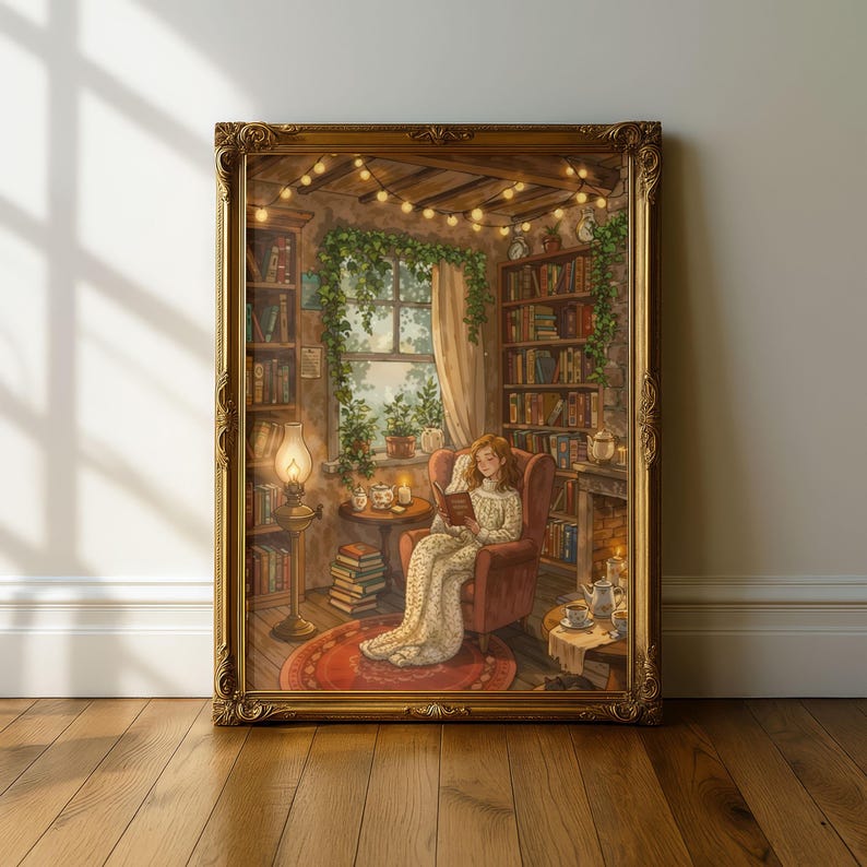 Cozy Cottage Reading Nook Art | String Lights Library Print | Hygge ...