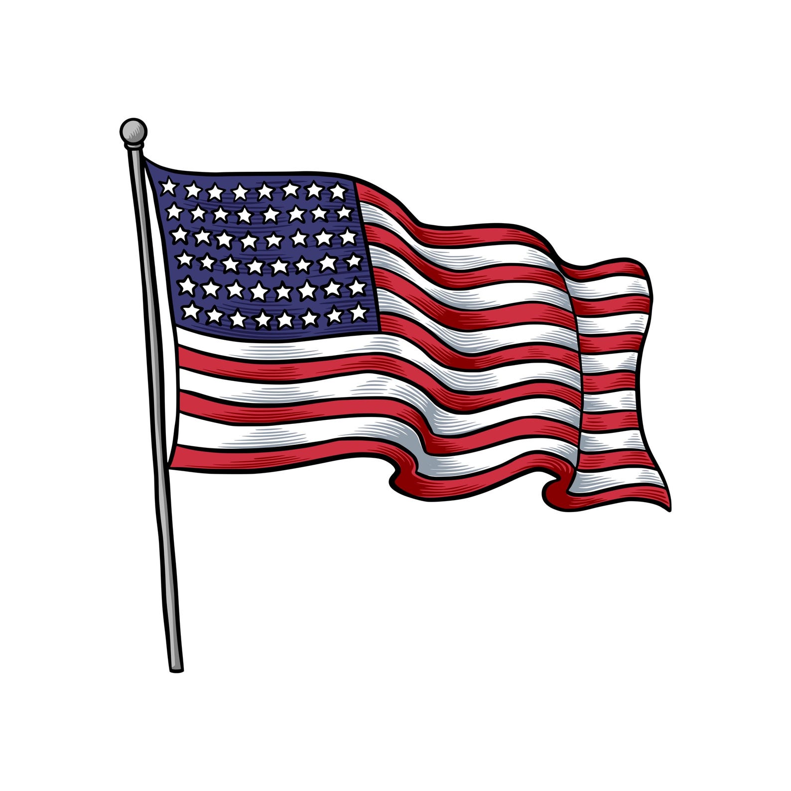 USA Flag Art - American Flag Illustration - Vintage Flag Clipart - Hand ...
