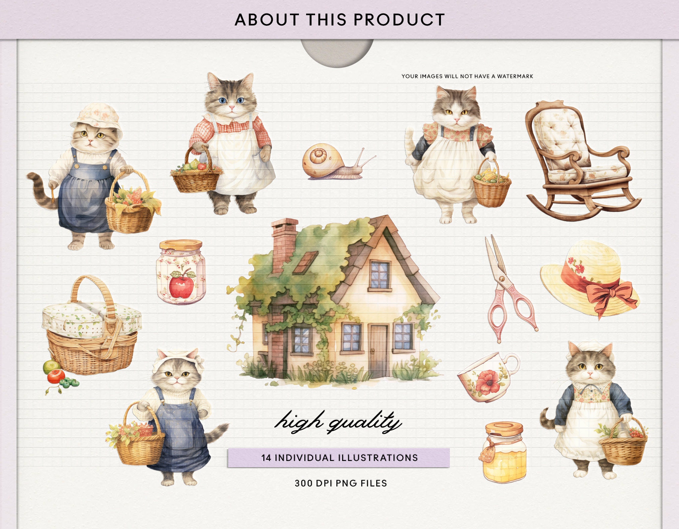 Cottage Cats PNG Set Clipart Transparent HD PNG Wall Art Vintage ...