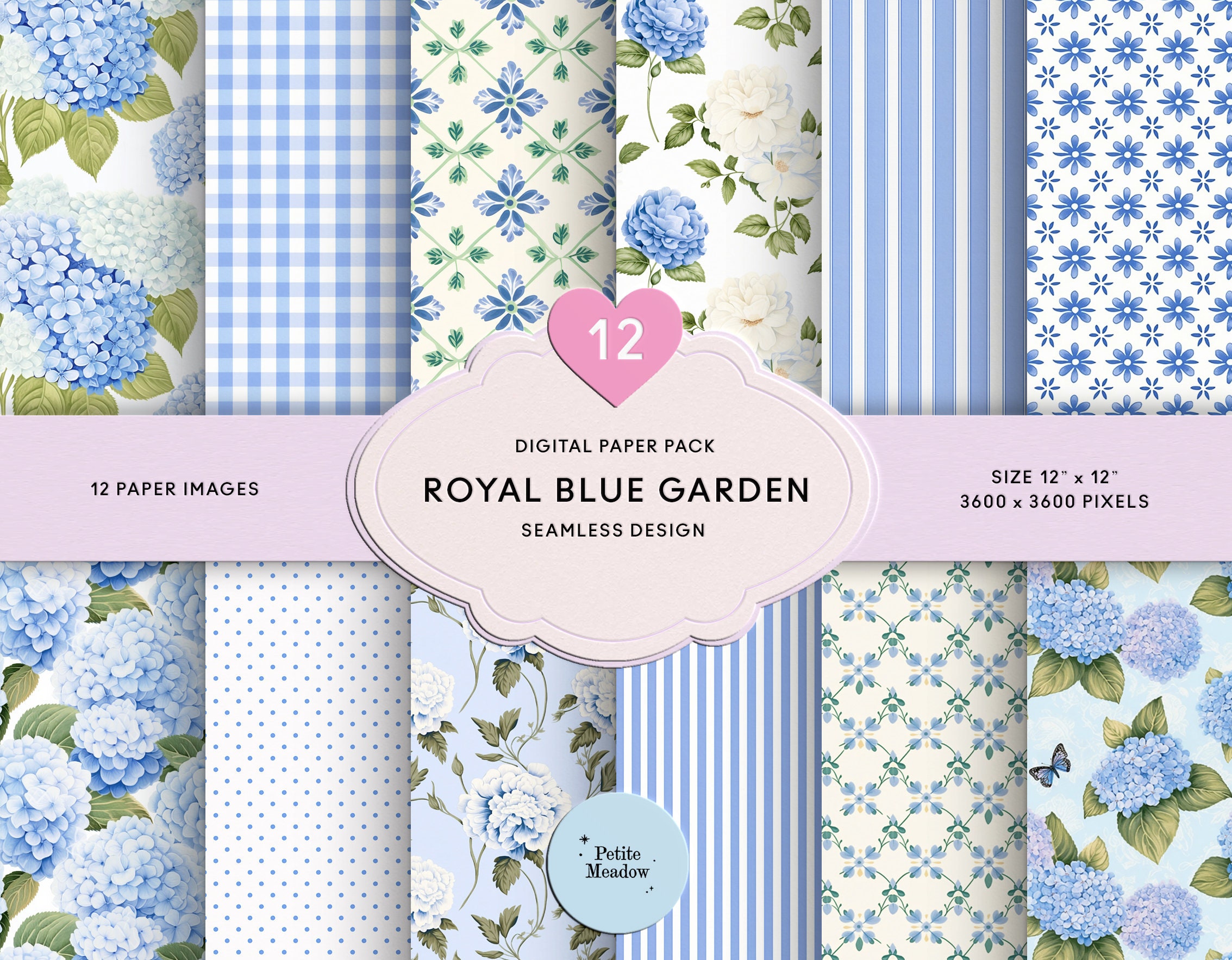 Watercolor Blue & White Floral Digital Paper Pack, Royal Blue Seamless ...