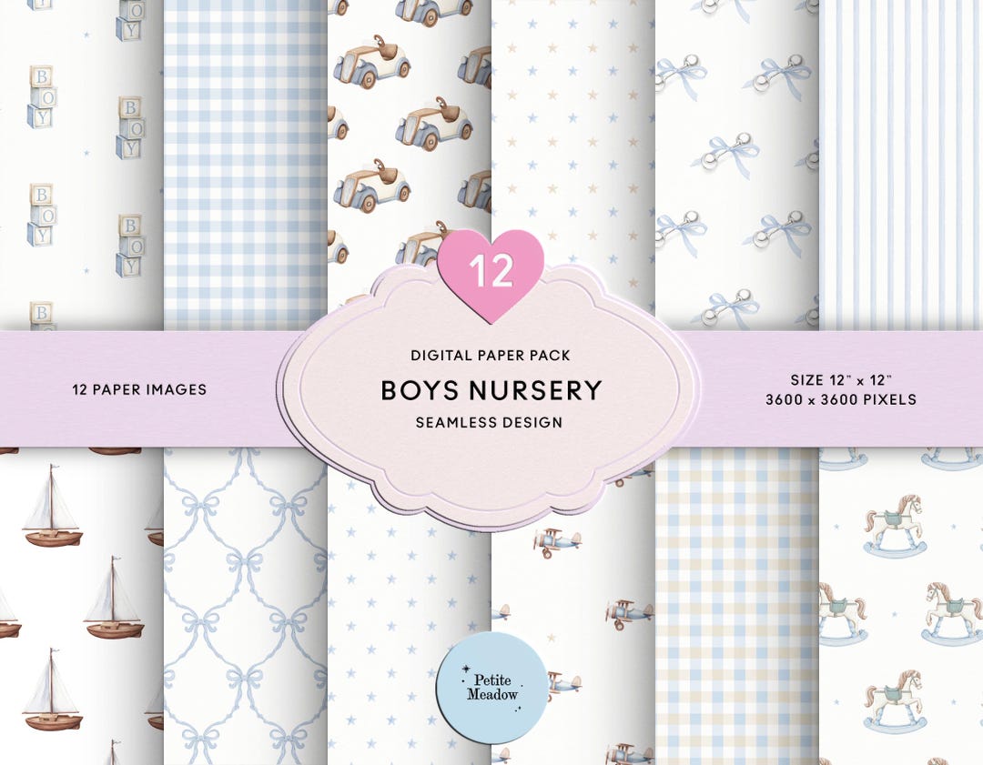 Baby Boy Digital Paper Pack, Preppy Blue Nursery Seamless Patterns ...